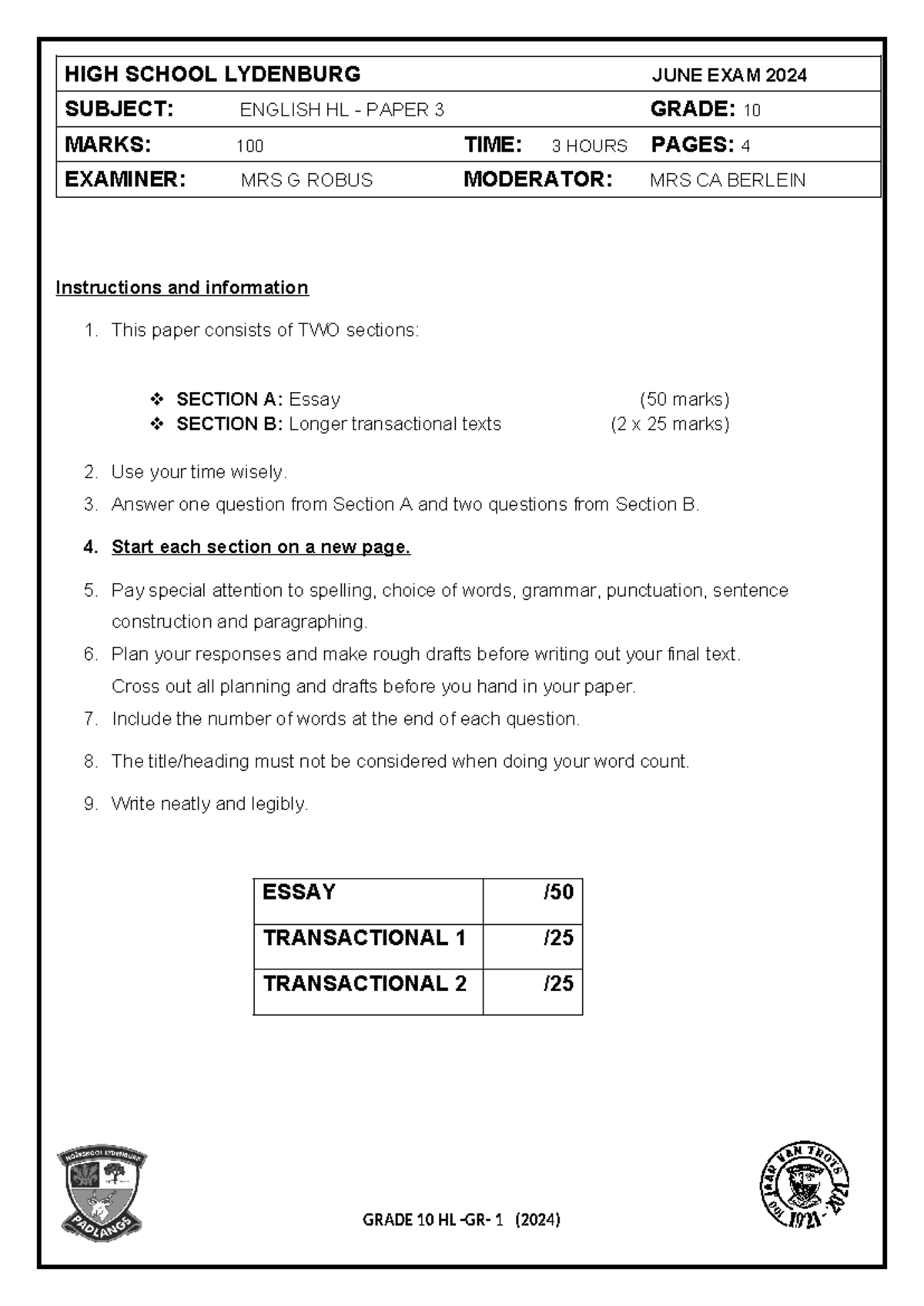 June exam Paper 3 HL 2024 - HIGH SCHOOL LYDENBURG JUNE EXAM 2024 ...
