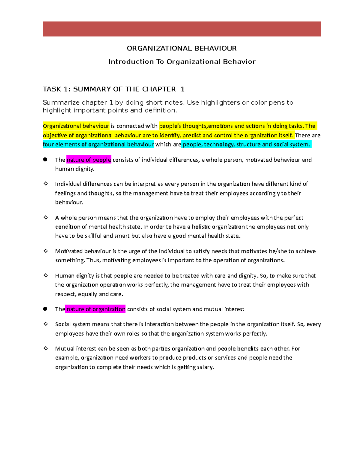 Exercise Chapter 1on Introduction Of Organizational Behavior Uitm