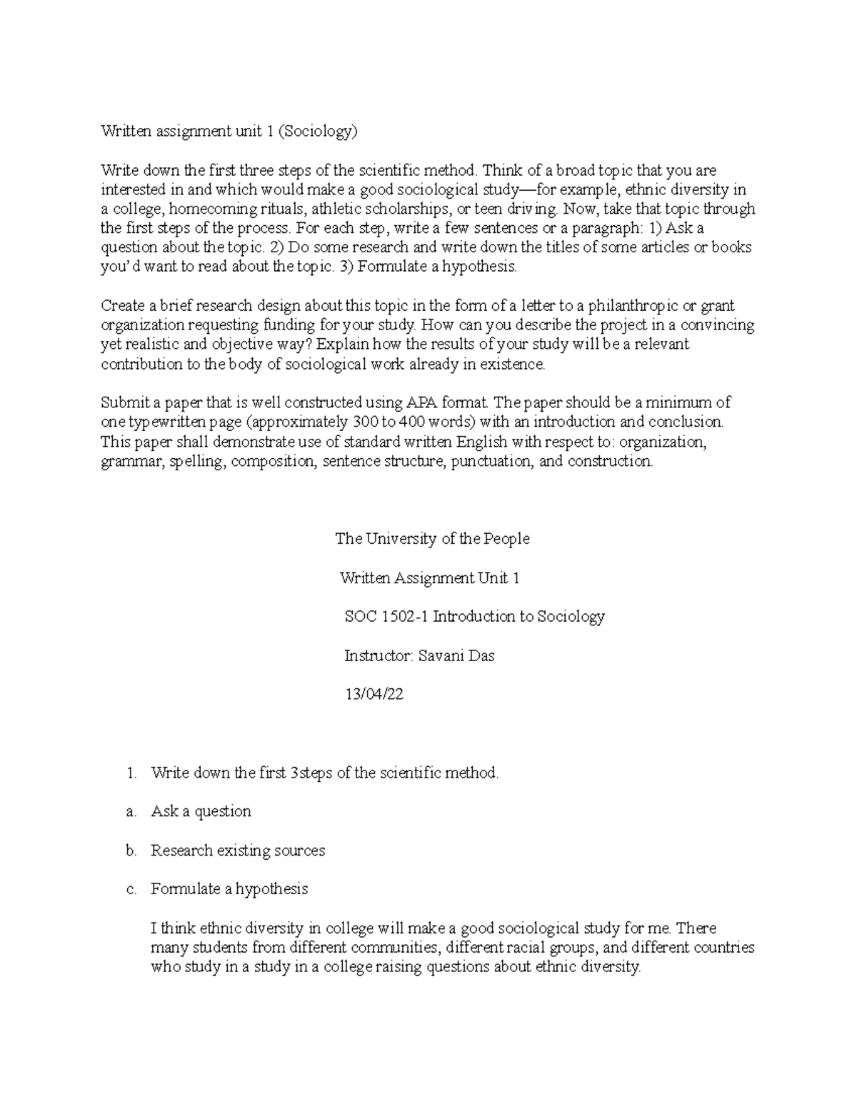 Written assignment unit 1-Sociology - Written assignment unit 1 ...