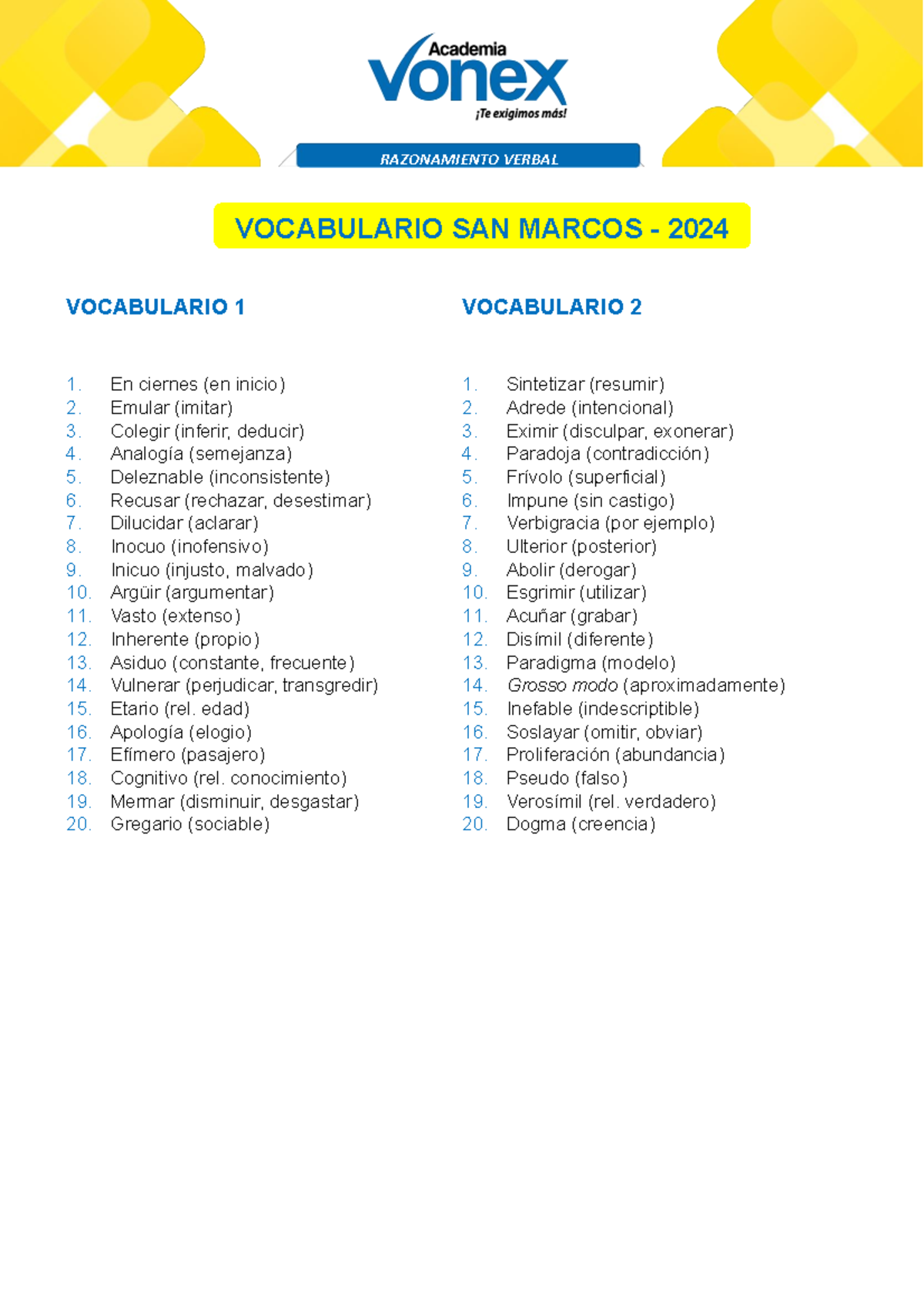 Vocabulario 1 y 2 - VOCABULARIO 1 En ciernes (en inicio) Emular (imitar ...