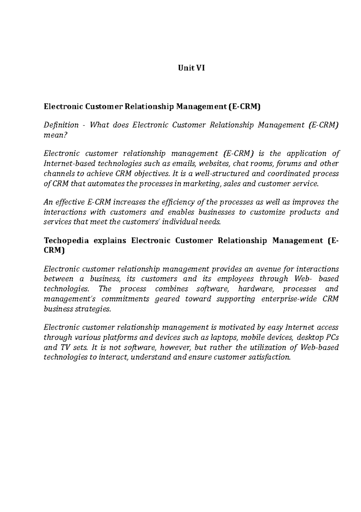 Unit VI Electronic Customer Relationship Management (E-CRM) - Unit VI ...