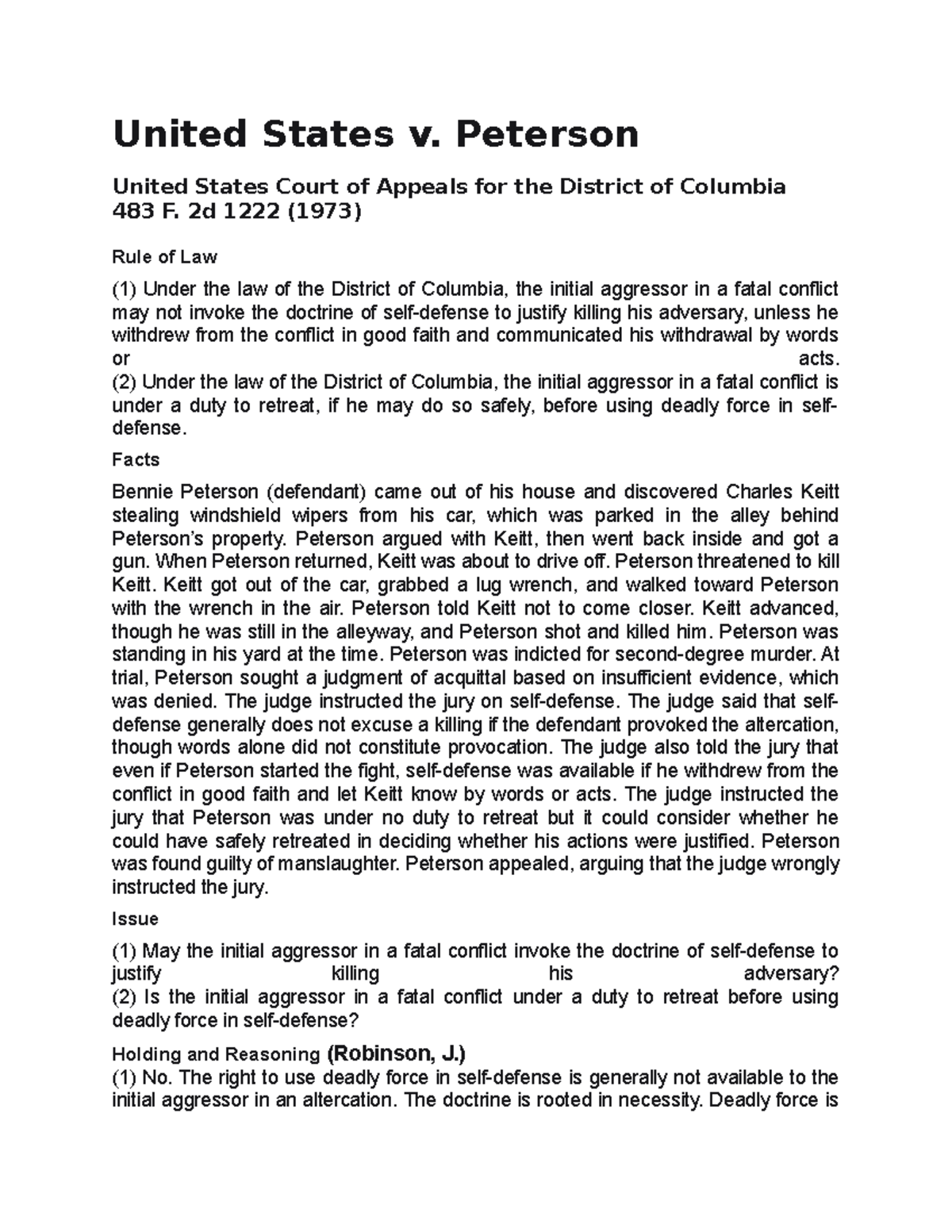 Crim - General Defenses - United States v. Peterson United States Court ...