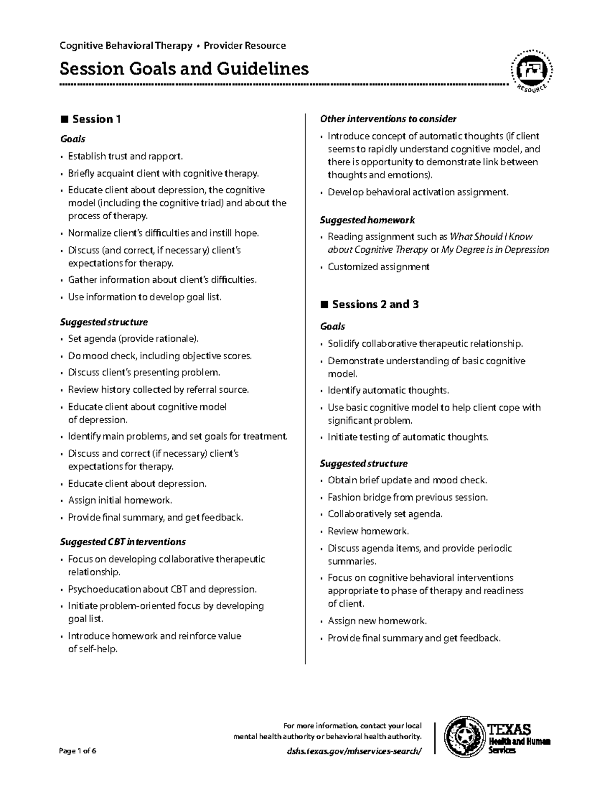 Session goals guidelines 2 - Page 1 of 6 Cognitive Behavioral Therapy ...
