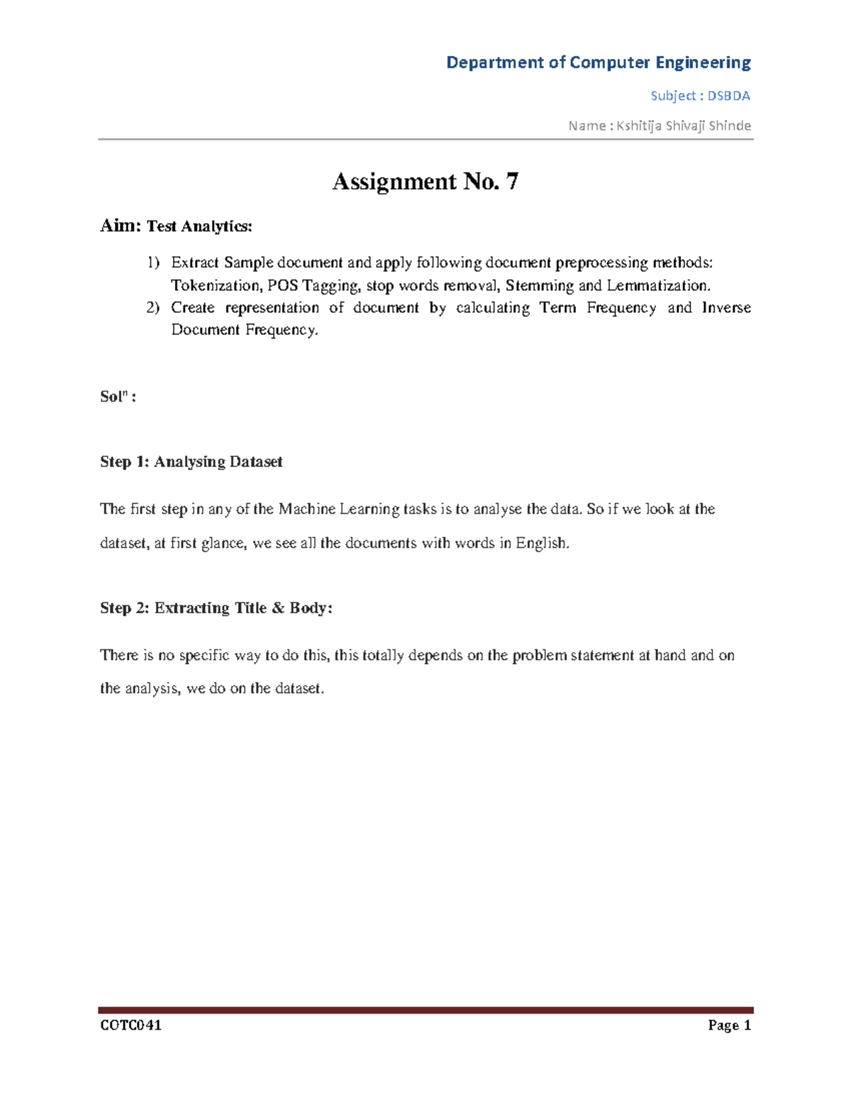 DSB OP 7 hfjdj jfjfjj fjfjj - Subject : DSBDA Name : Kshitija Shivaji ...