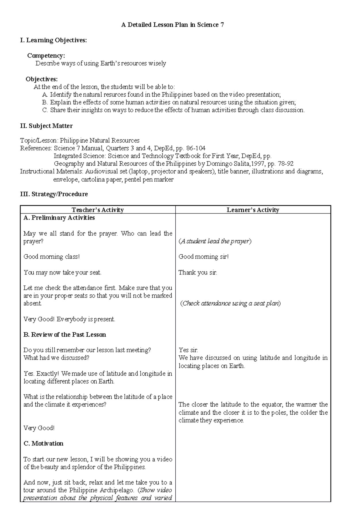 267834625 Sample Lesson Plan in Science Grade VII - A Detailed Lesson ...