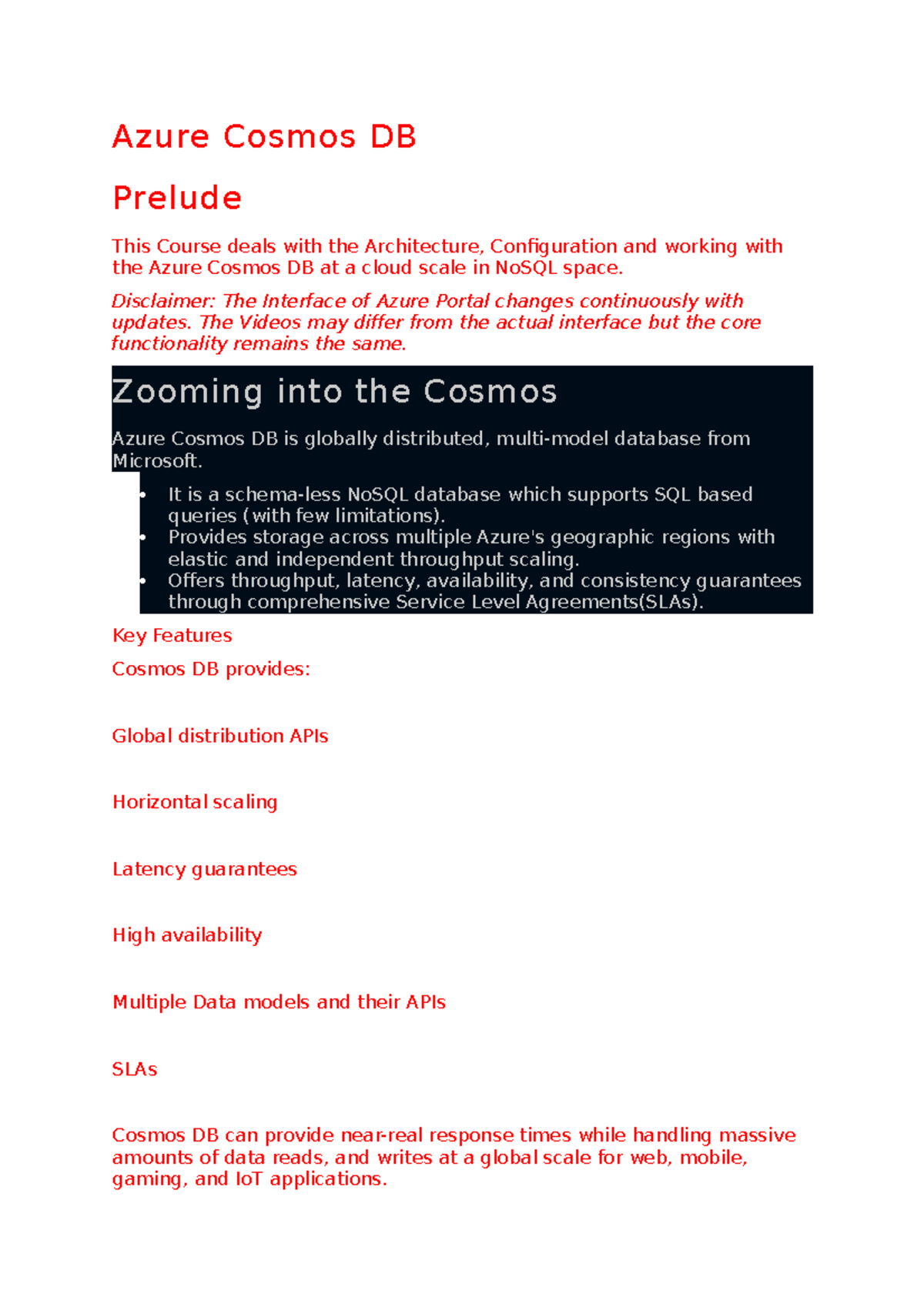 Azure Cosmo DB - Disclaimer: The Interface of Azure Portal changes ...