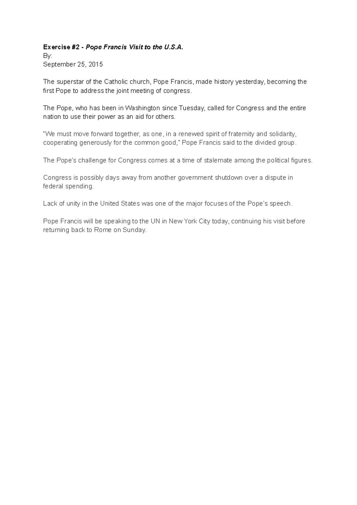 Exercise #2 - Pope Francis Visit to the US - S. By: September 25, 2015 ...