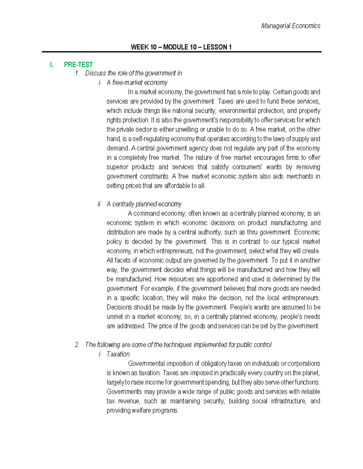 WEEK 10 - Module 10 - Lesson 1 - Managerial Economics WEEK 10 – MODULE ...