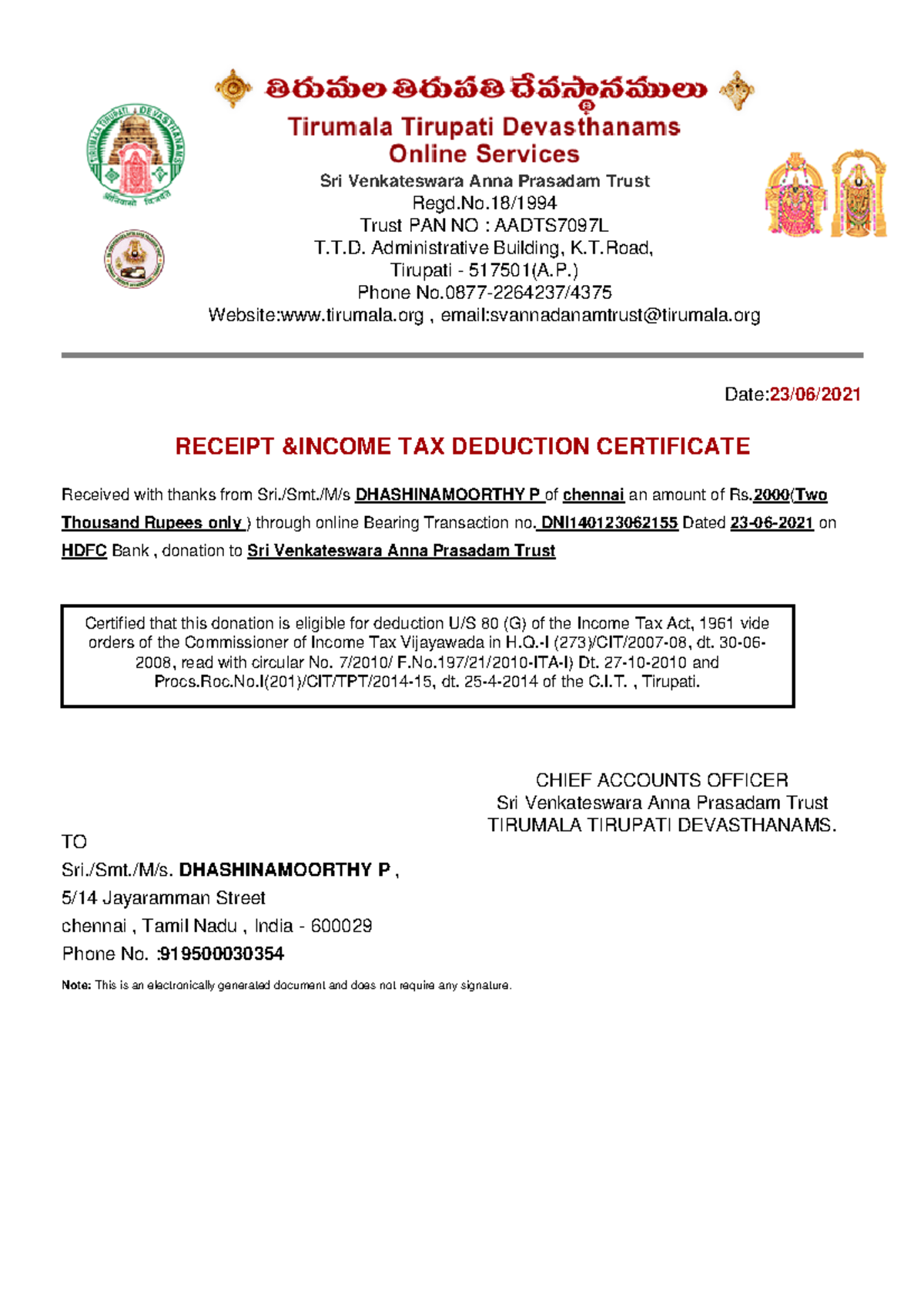 E Donation IT Receipt DNI140123062155 - Sri Venkateswara Anna Prasadam ...