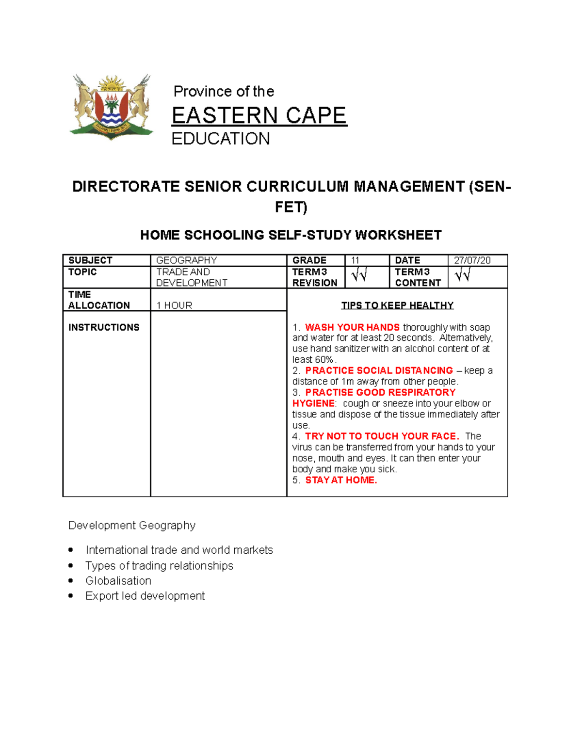 8 Geography Grade 11 Trade and development worksheet - Province of the ...