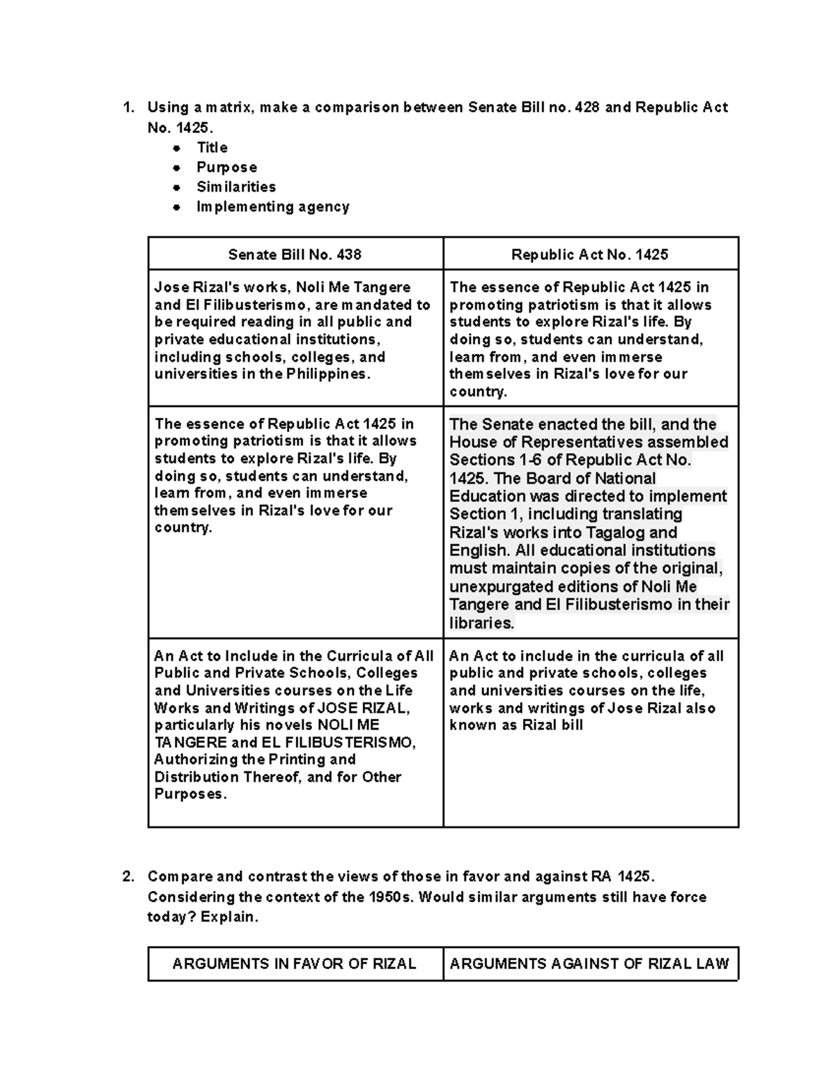 Life and Works of Rizal - activity - 1. Using a matrix, make a ...