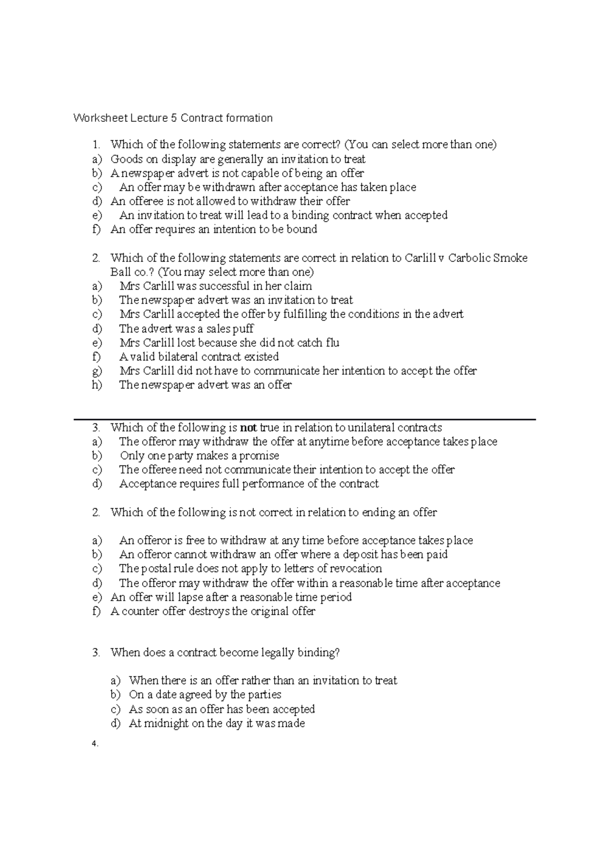 Worksheet Lecture 5 Contract Law - ? (You may select more than one) a ...