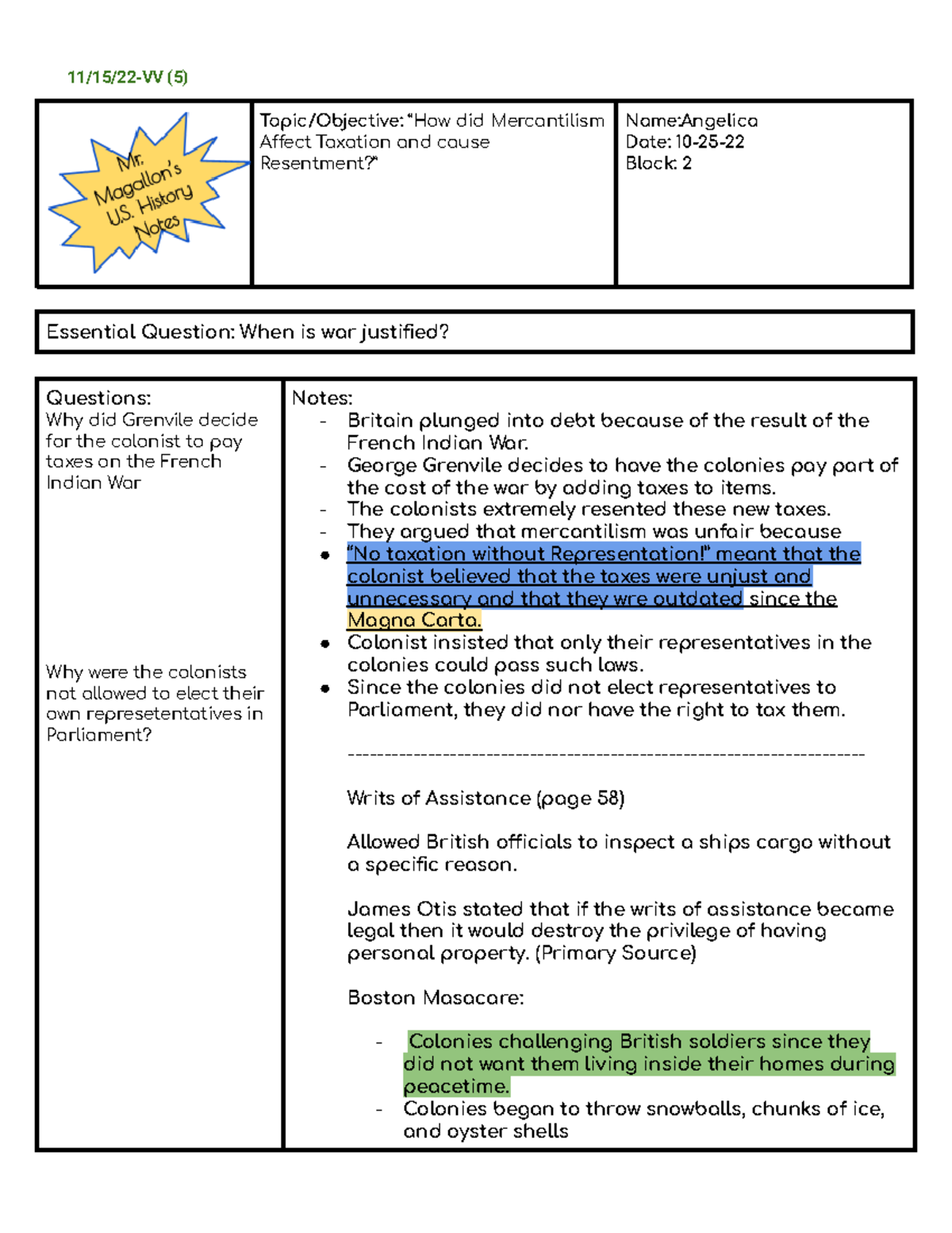 Cornell notes-When is war justified - 11/15/22-VV (5) Topic/Objective ...