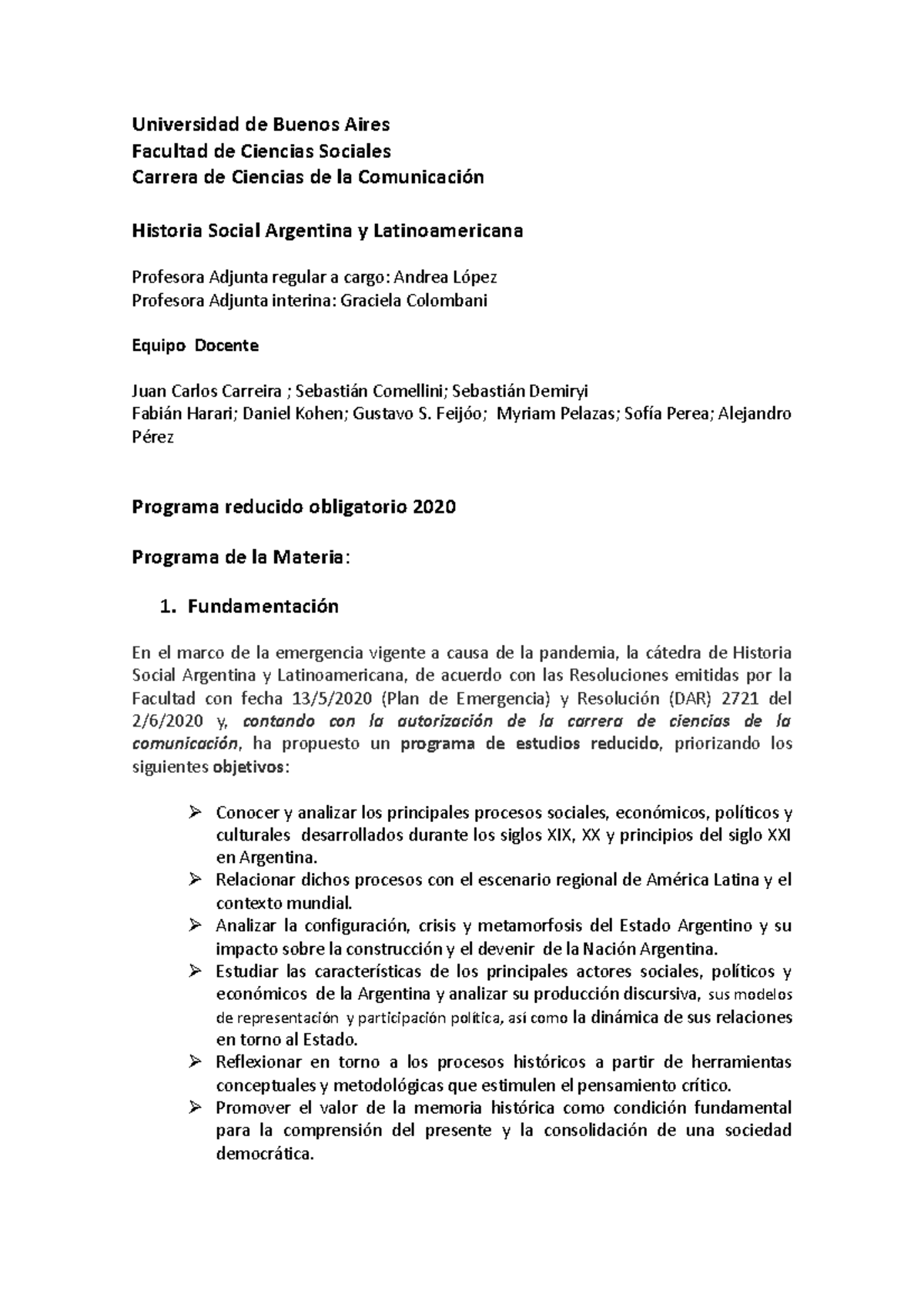 PROGRAMA 2020 HISTORIA ARG - Universidad de Buenos Aires Facultad de Ciencias Sociales Carrera ...