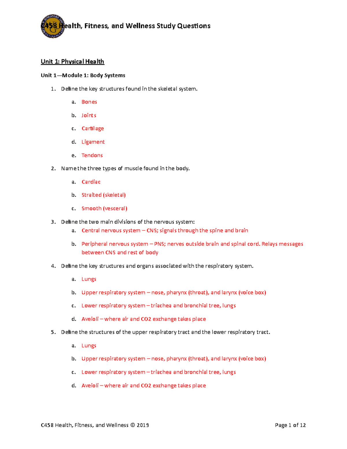 C458 Study Guide - Unit 1: Physical Health Unit 1—Module 1: Body ...