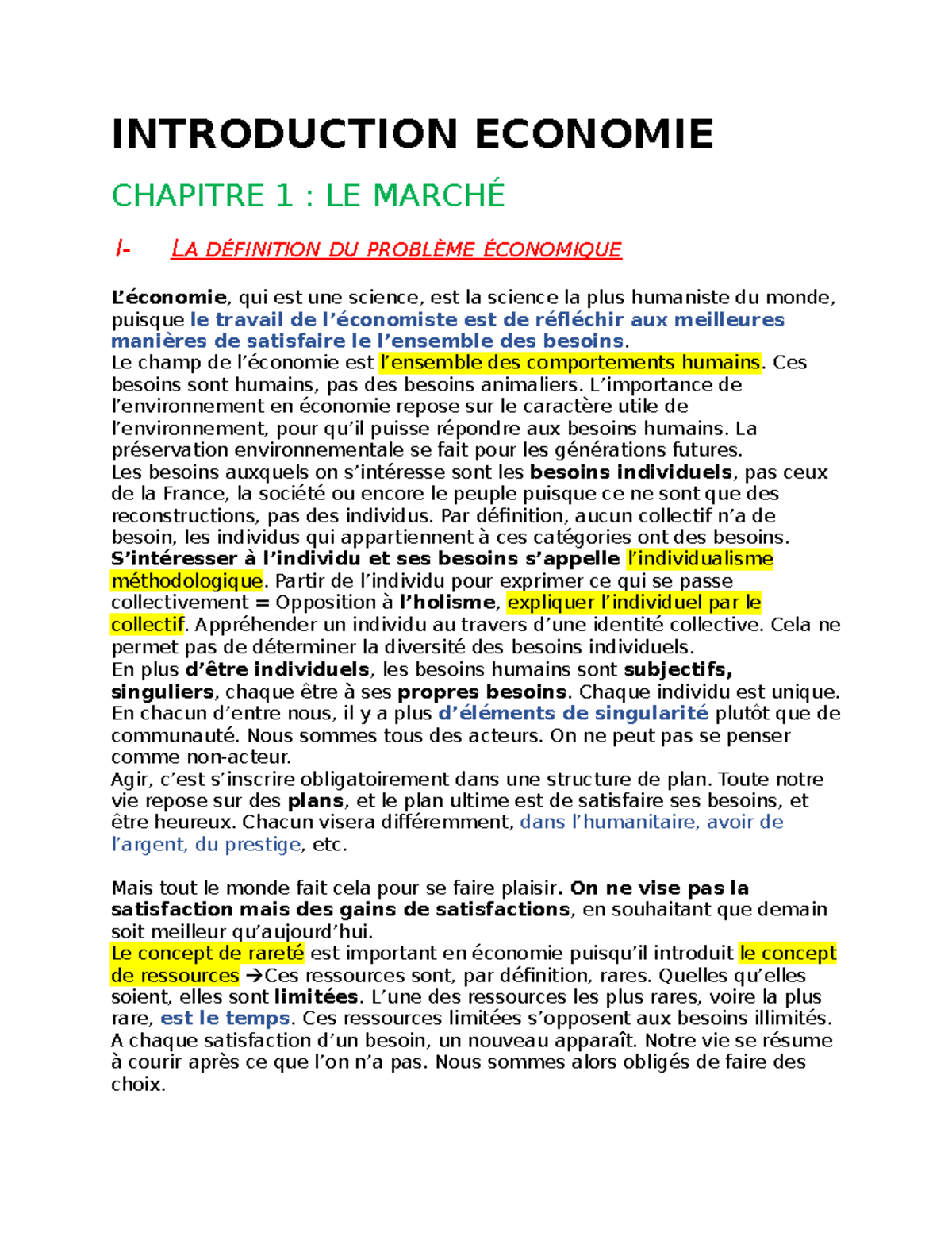 Chapitre 1 - INTRODUCTION ECONOMIE 💸 CHAPITRE 1 : LE MARCHÉ I- LA ...