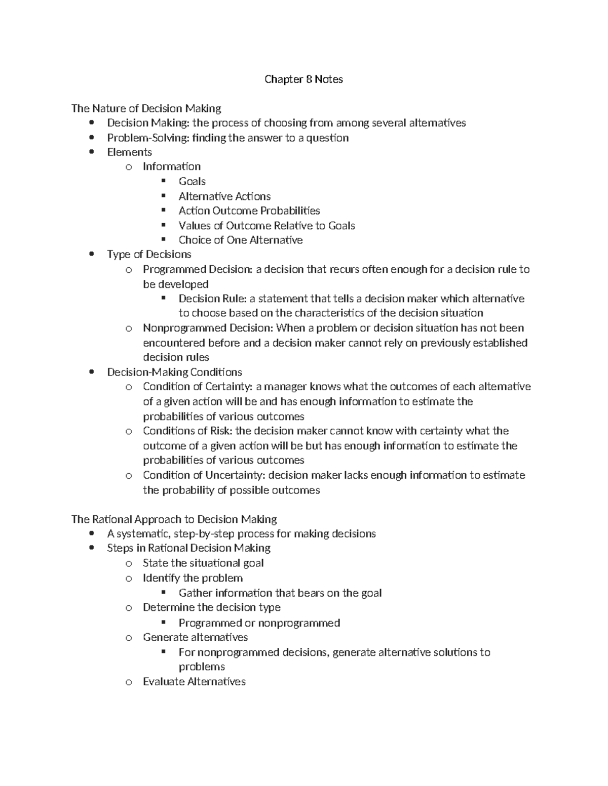 Chapter 8 Notes - Chapter 8 Notes The Nature of Decision Making ...
