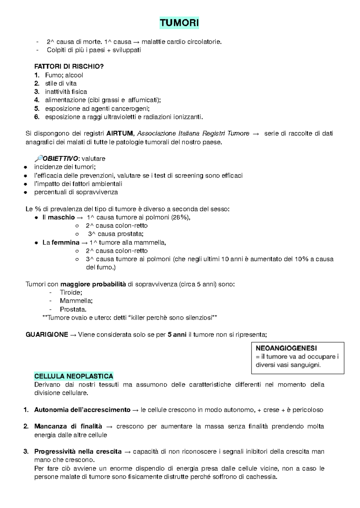 Tumori - TUMORI 2^ causa di morte. 1^ causa → malattie cardio ...