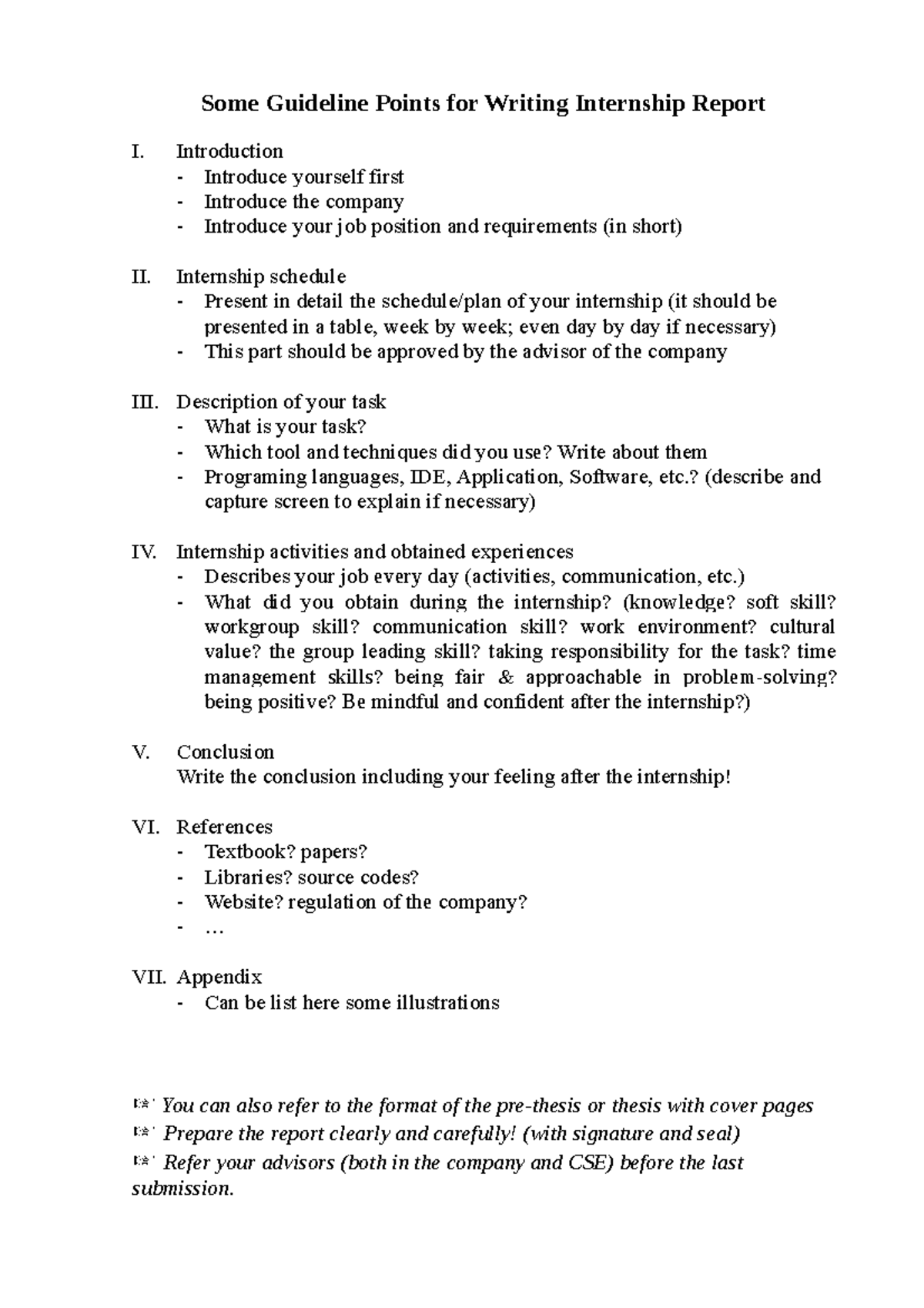 Guideline for writing Internship report - Some Guideline Points for ...