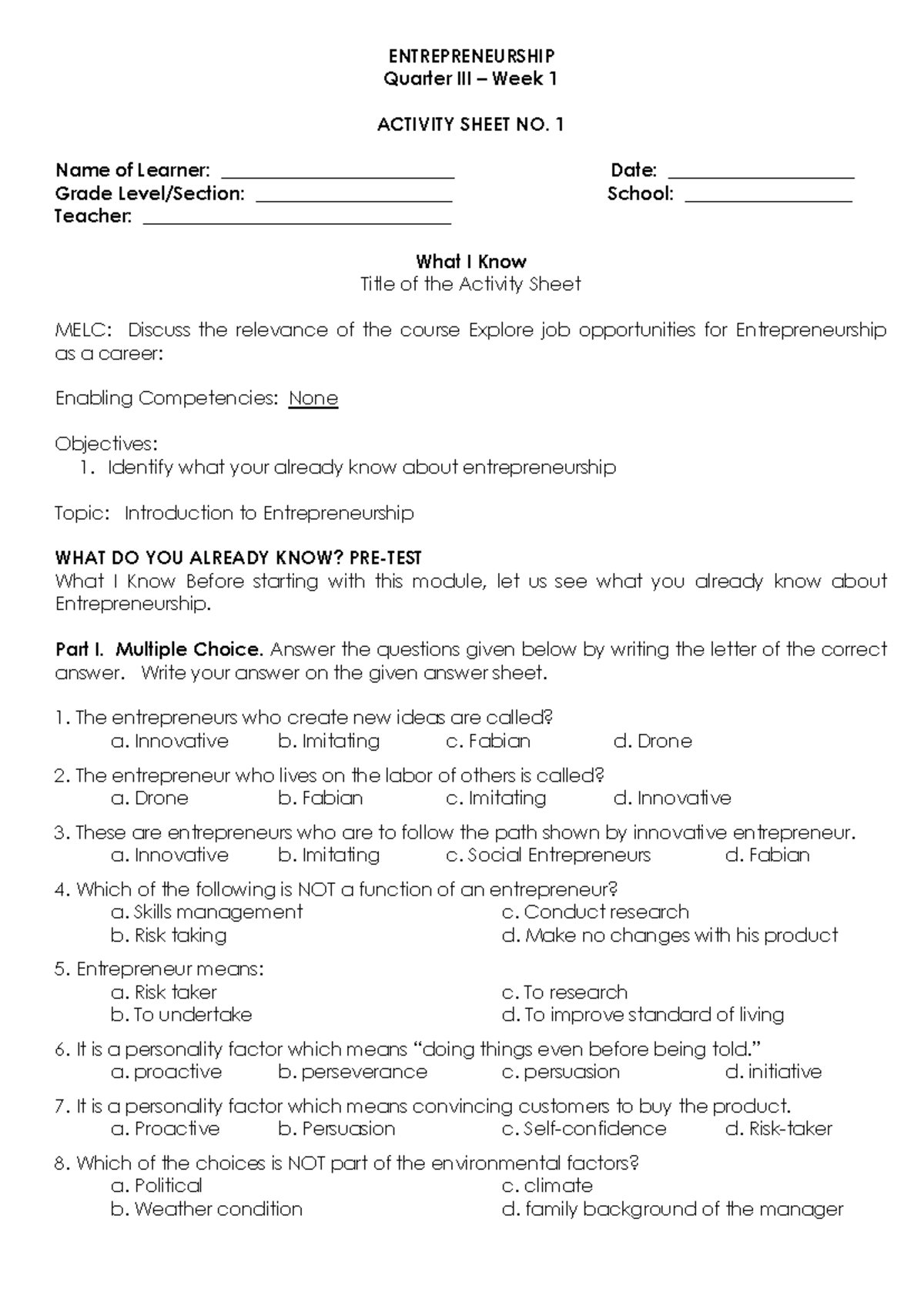 Activity Sheet 1 - Entrepreneurship - 3RD Quarter - JAO ...