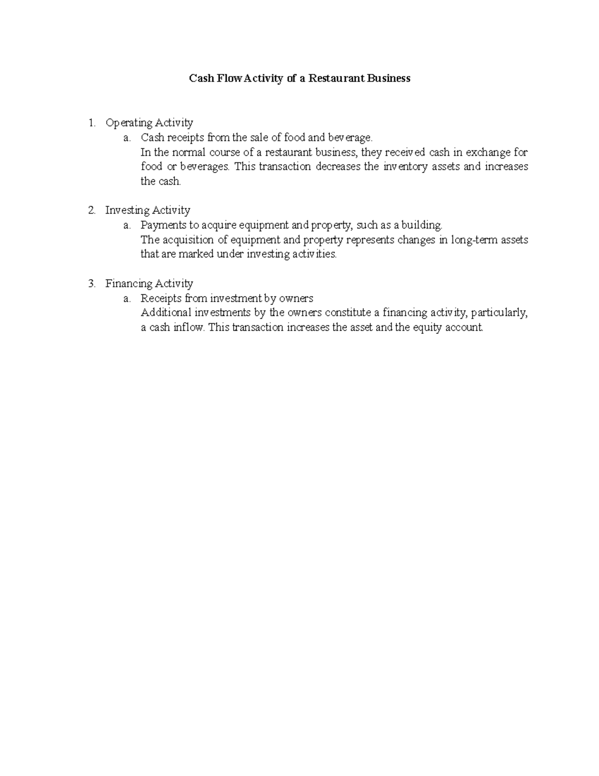 Cash Flow Activity of a Restaurant Business - Cash Flow Activity of a ...