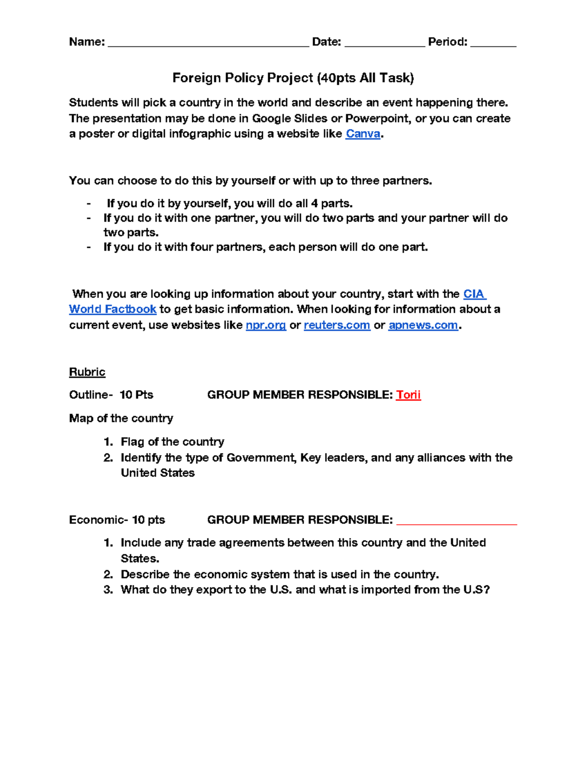 Torii Grant - Foreign Policy Project Guidelines - Name