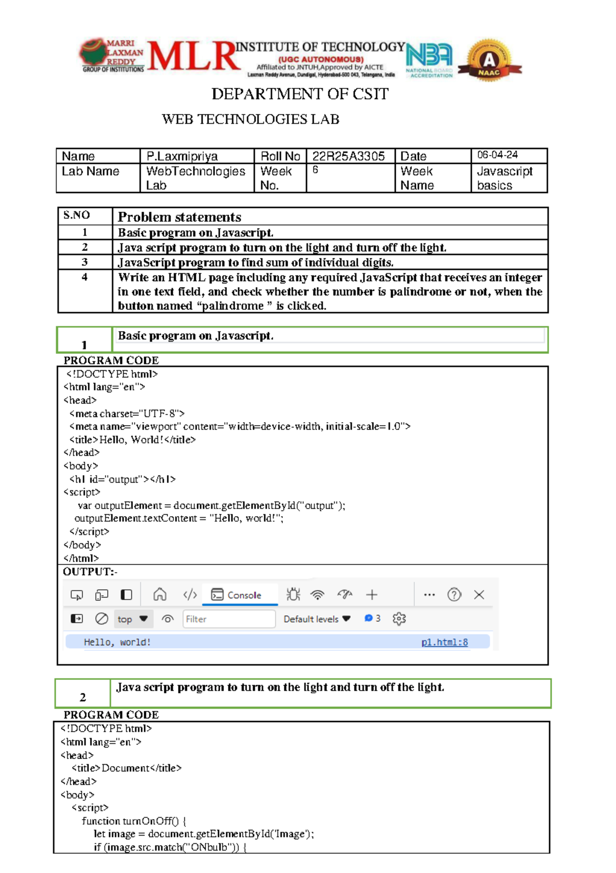 week 6 csit Web - WEB TECHNOLOGIES LAB Name P Roll No 22R25A3305 Date ...