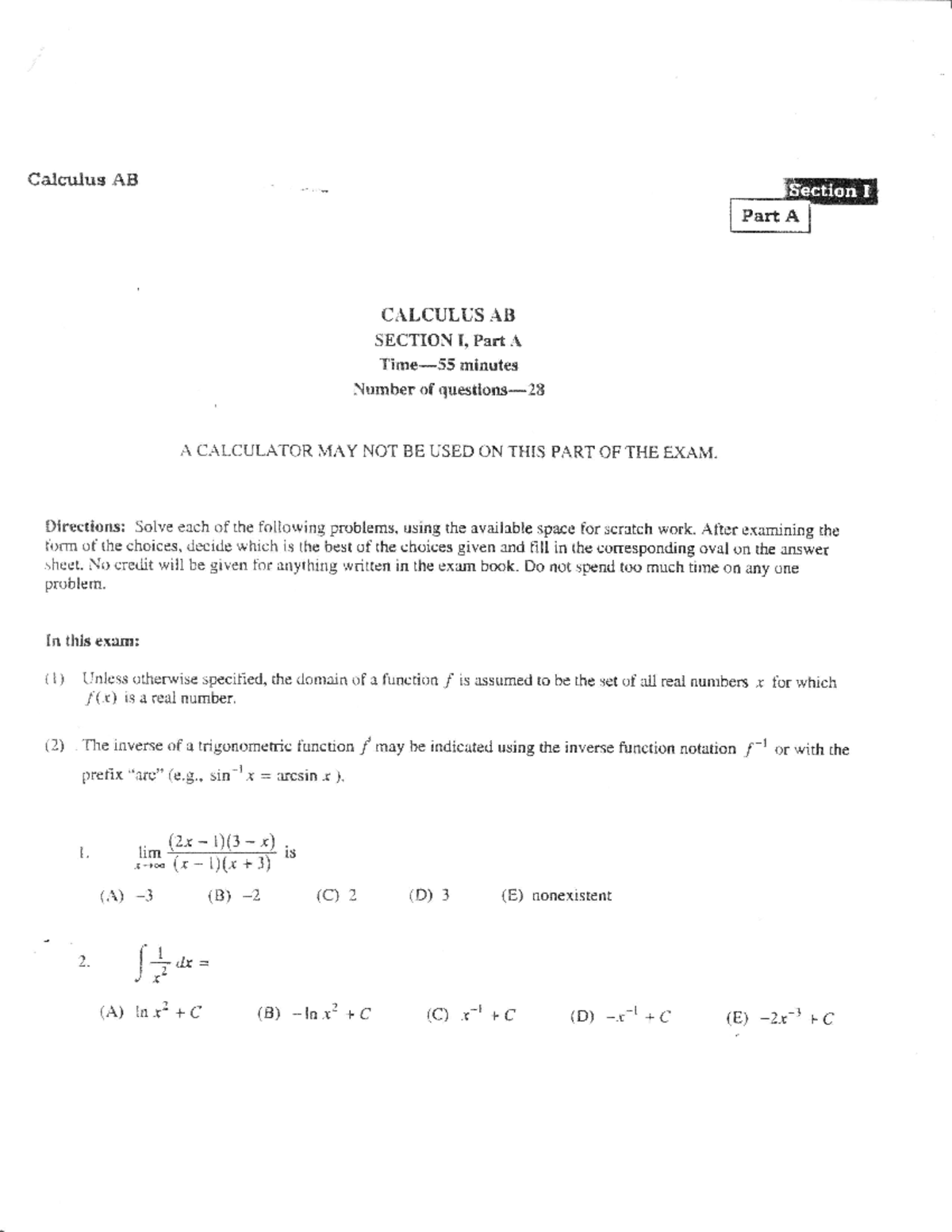 Ab calculus mc 1-a - fujk,,j - Calculus AB CALCULUS AB SECTION I, Part ...