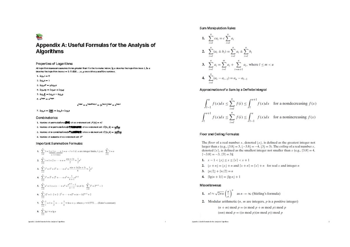 AAC Formula - Exam - Appendix A Useful Formulas for the Analysis of Algorithms 1 Appendix A ...
