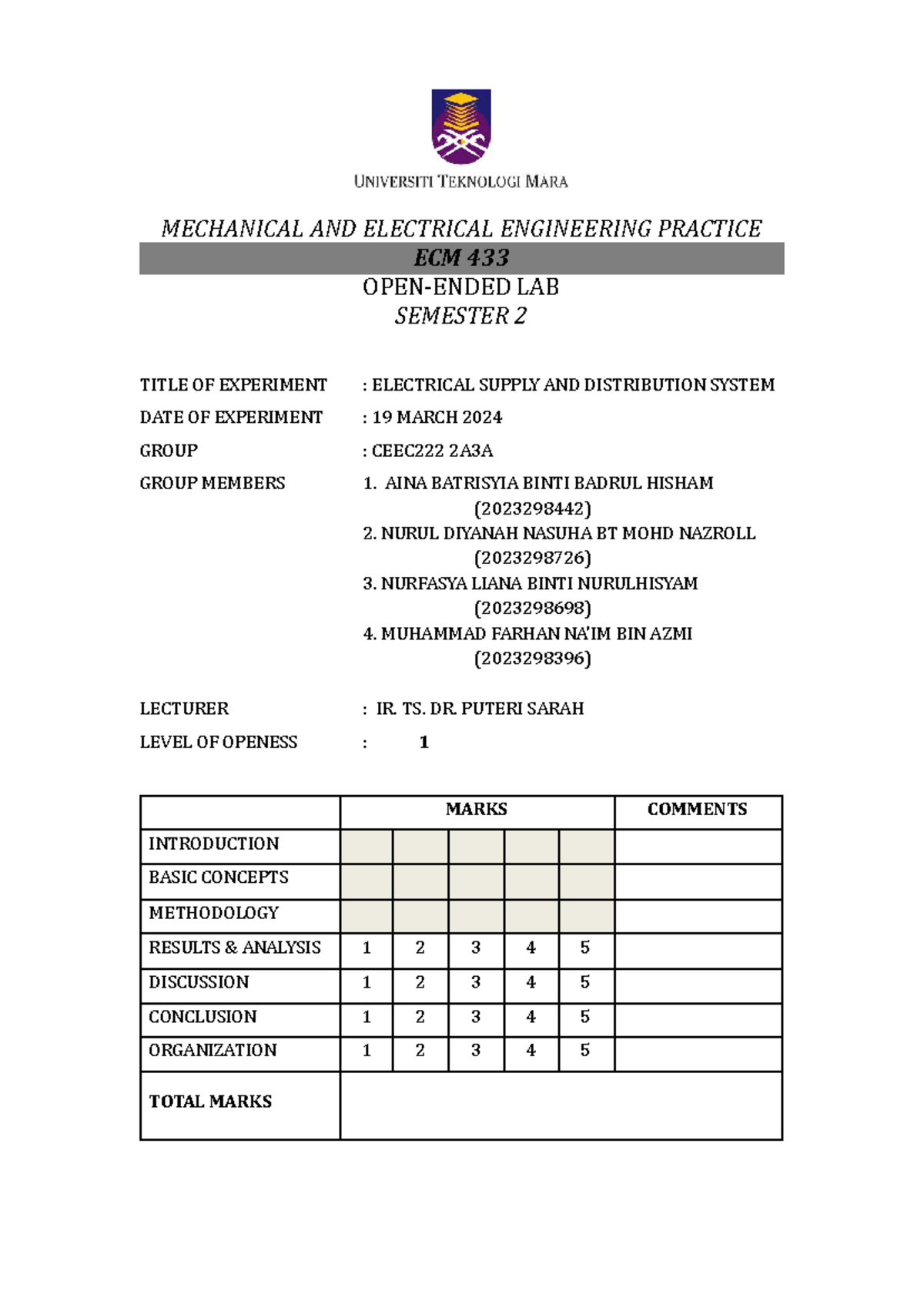 ECM433 Lab 1 group 1 - MECHANICAL AND ELECTRICAL ENGINEERING PRACTICE ECM 433 OPEN-ENDED LAB ...