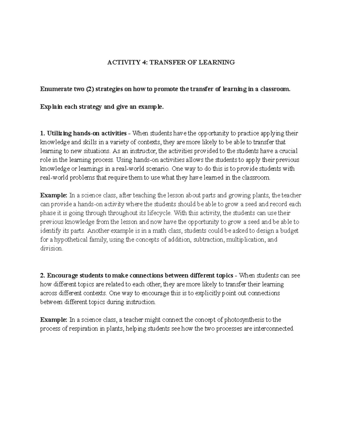 (ACT 4 Transfer OF Learning) - ACTIVITY 4: TRANSFER OF LEARNING ...