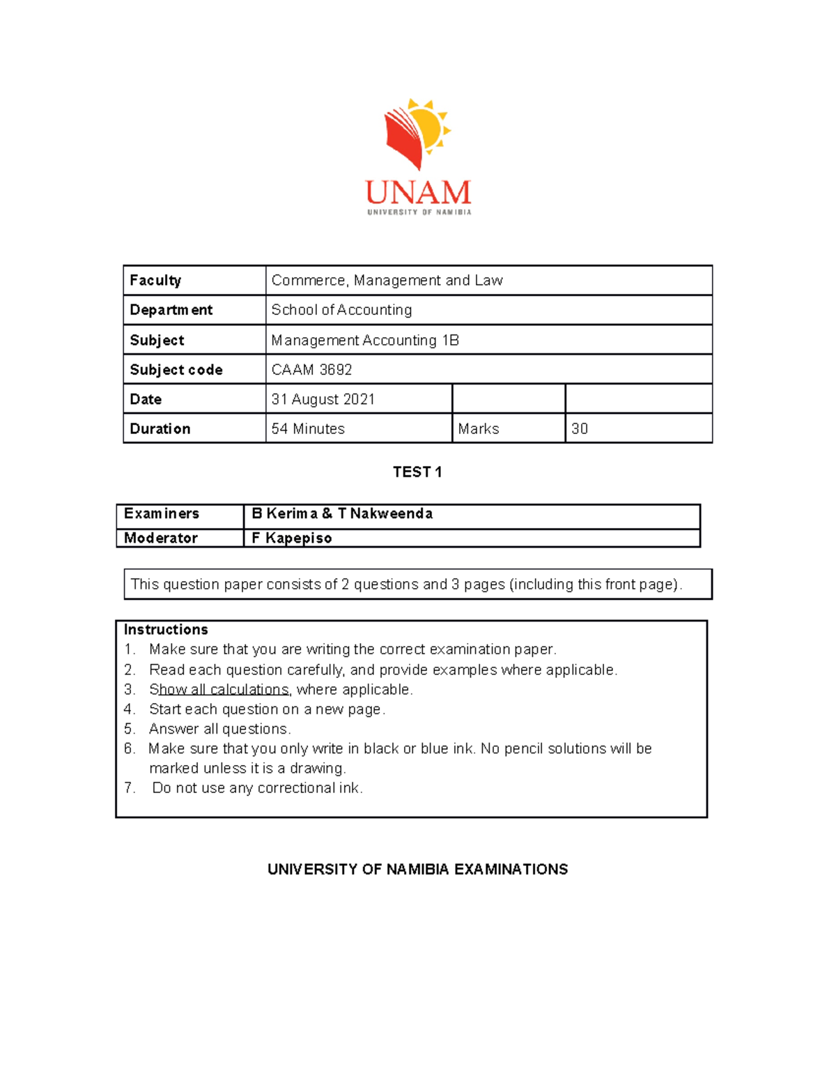 T1 Paper, 31 Aug 2021 - management accounting 1b test 1 for 2021 ...