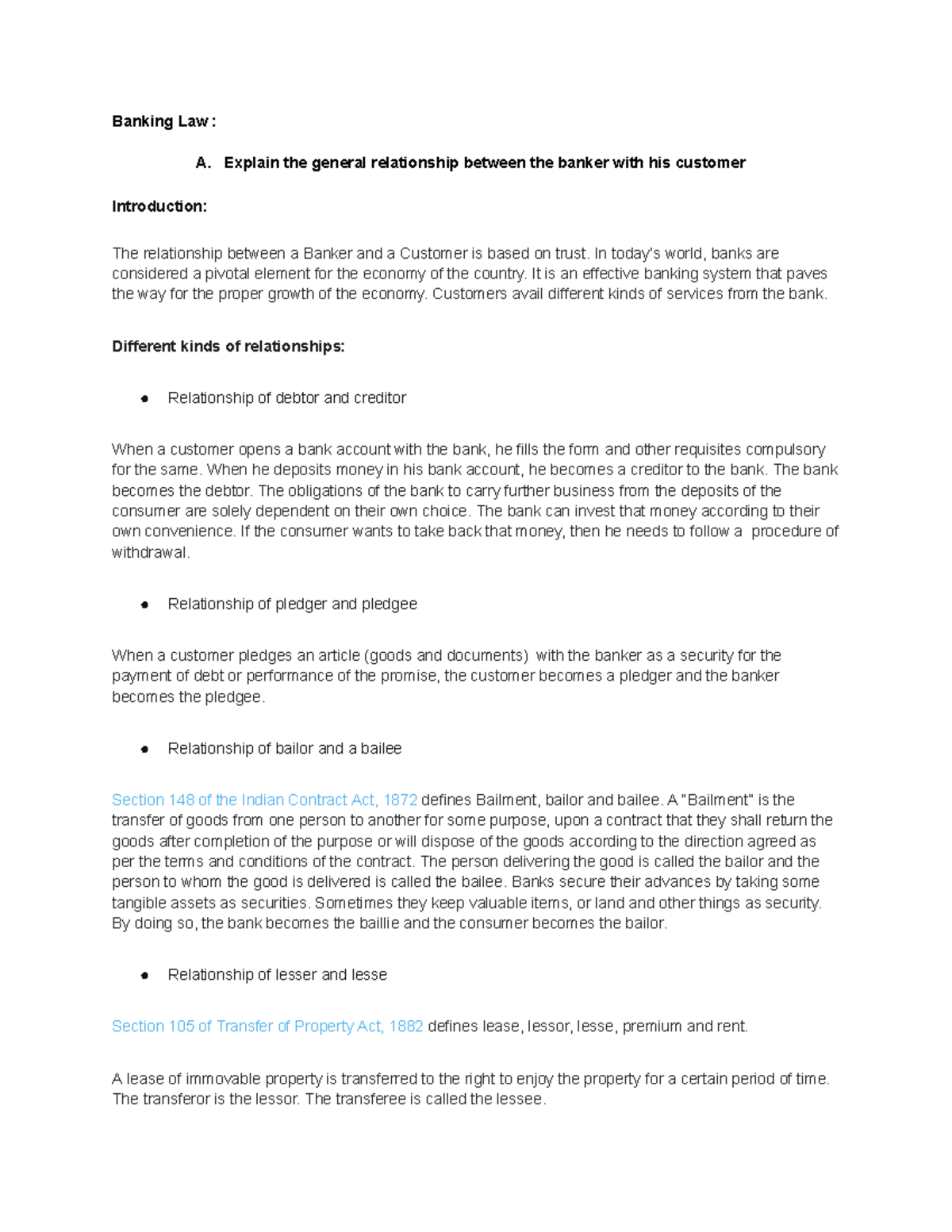 Banking Law UNIT 3 - Banking Law : A. Explain the general relationship ...