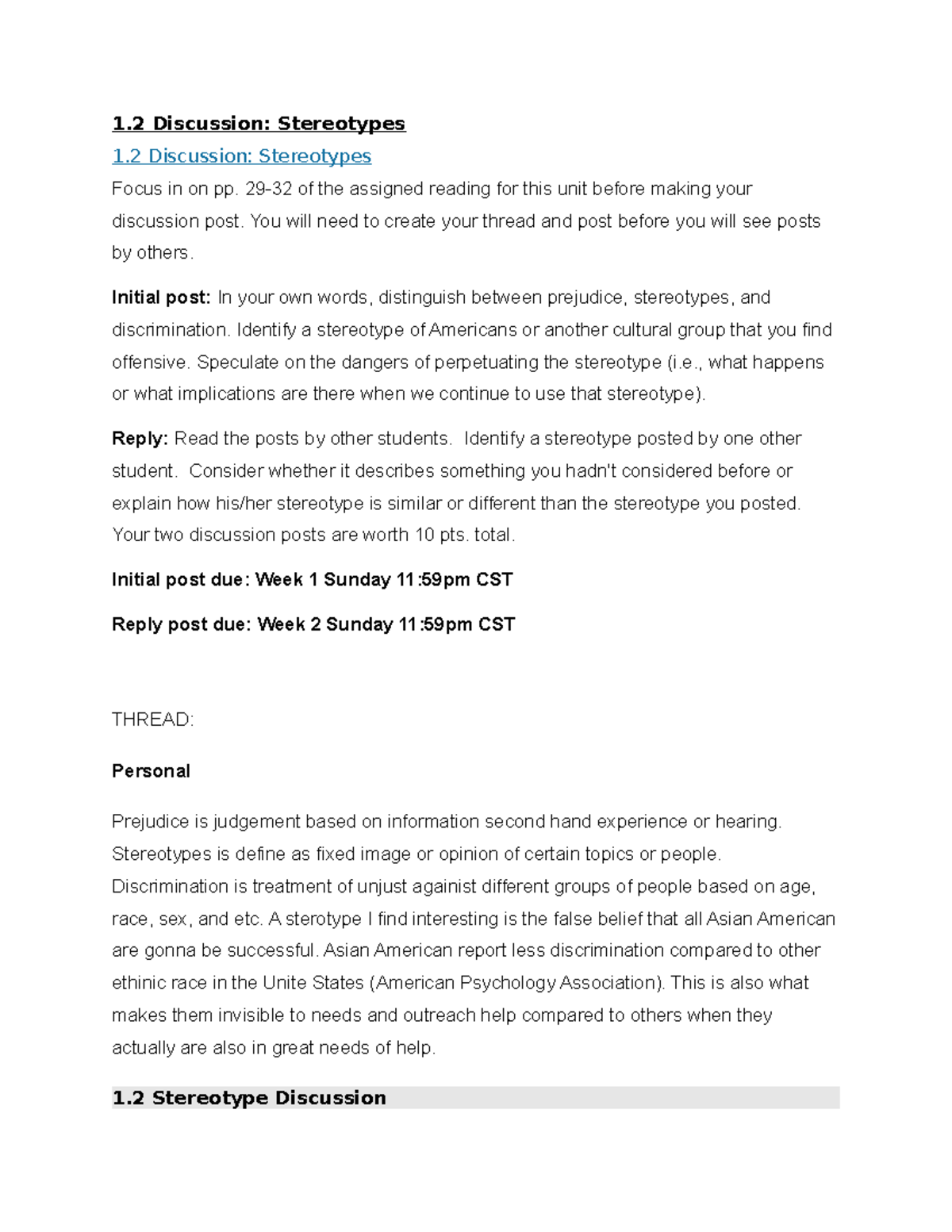 Week 1 Discussion COMM 460 - 1 Discussion: Stereotypes 1 Discussion ...
