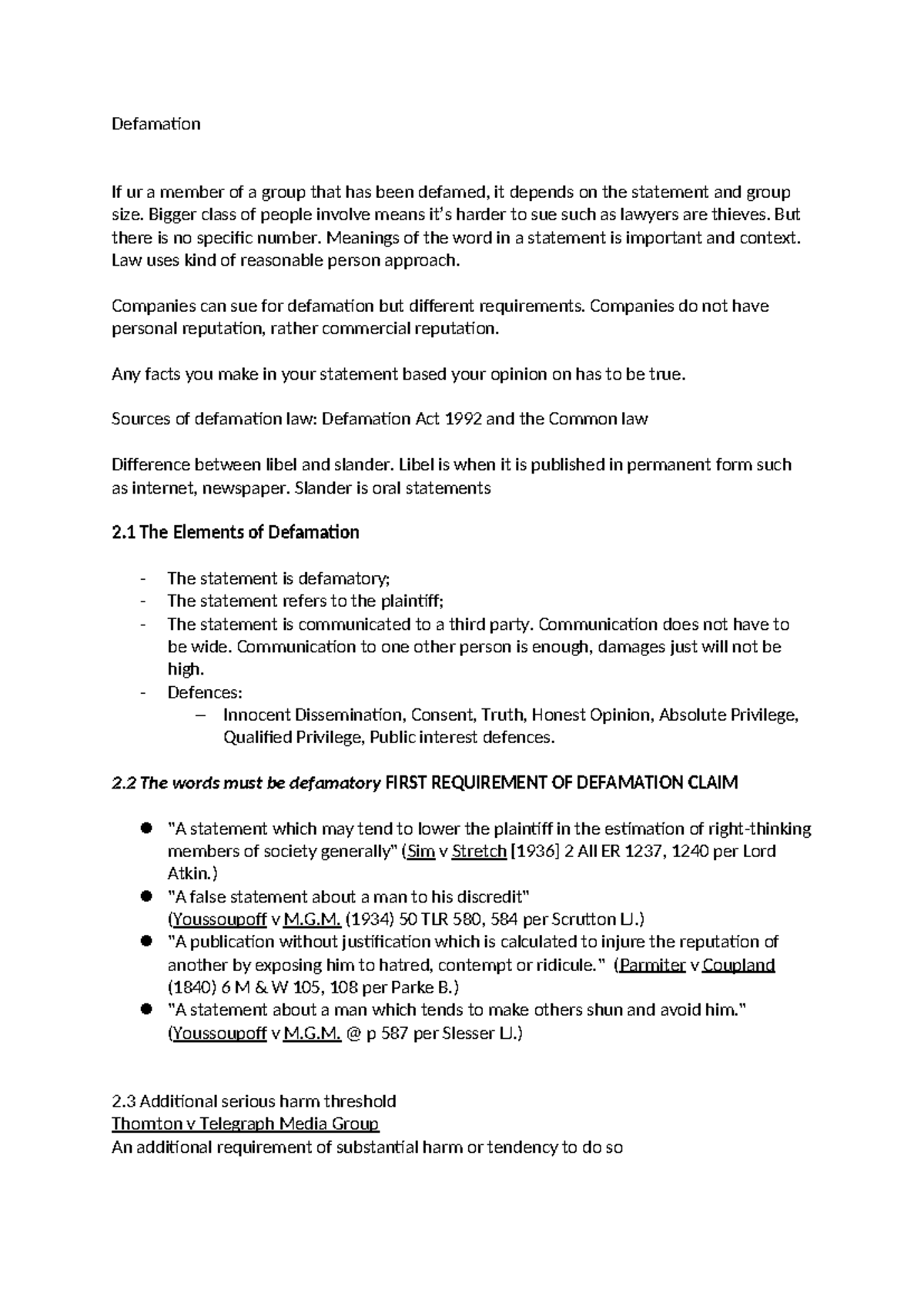 Defamation - Defamation If ur a member of a group that has been defamed ...