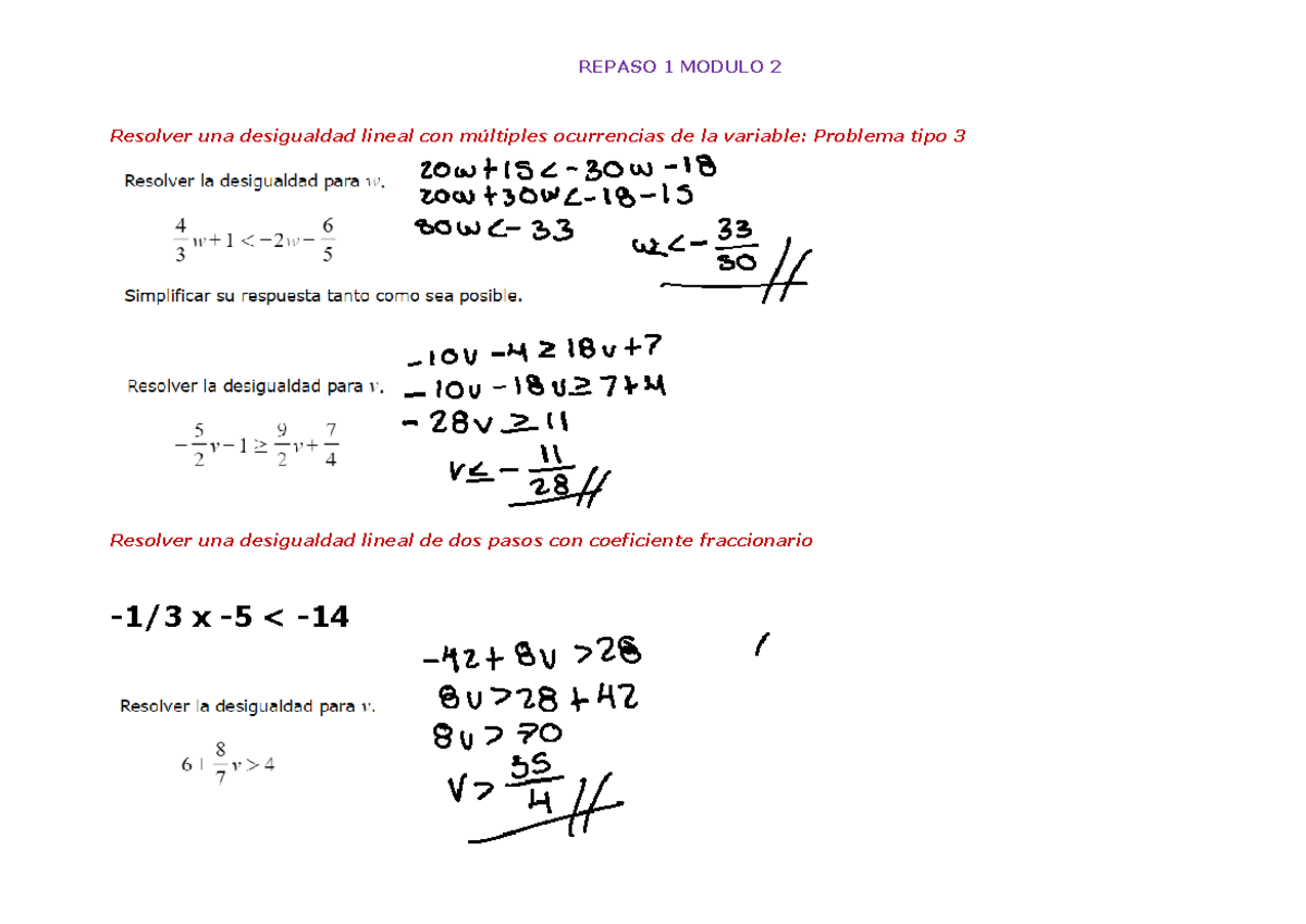 Repaso 1 Modulo 2 grupo 2 - Matemáticas Aplicadas - REPASO 1 MODULO 2 Resolver una desigualdad ...