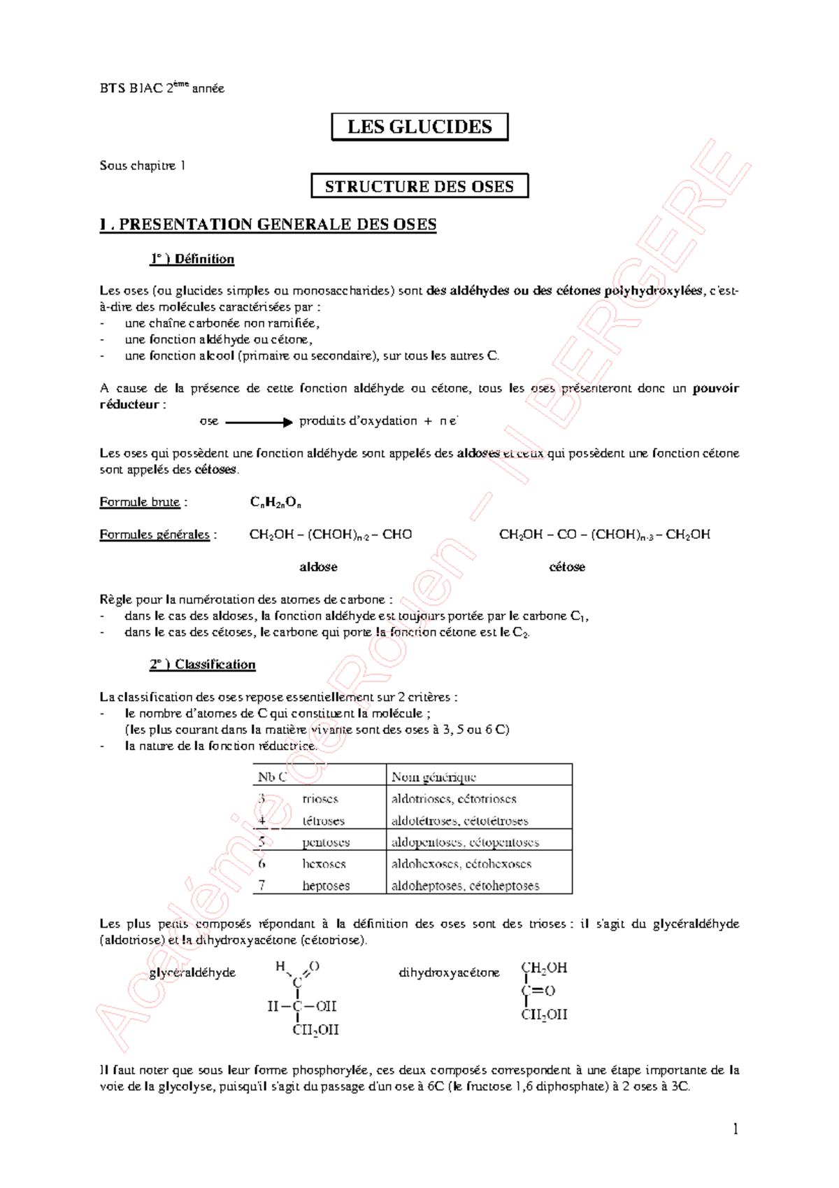 Structure oses - medecine - BTS BIAC 2ème année LES GLUCIDES Sous ...