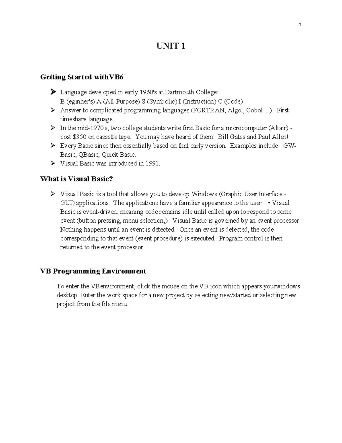 VB Notes - UNIT 1 Getting Started withVB Language developed in early ...