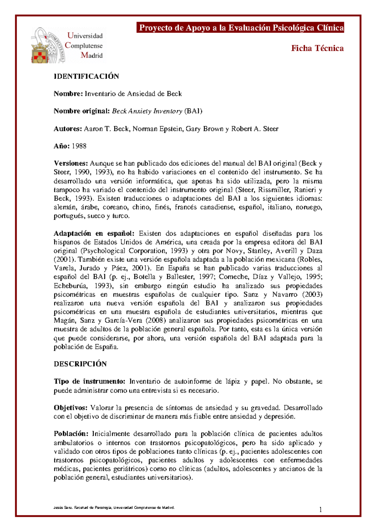 BAI Ficha tecnica - test psicologico - Ficha Técnica IDENTIFICACIÓN ...