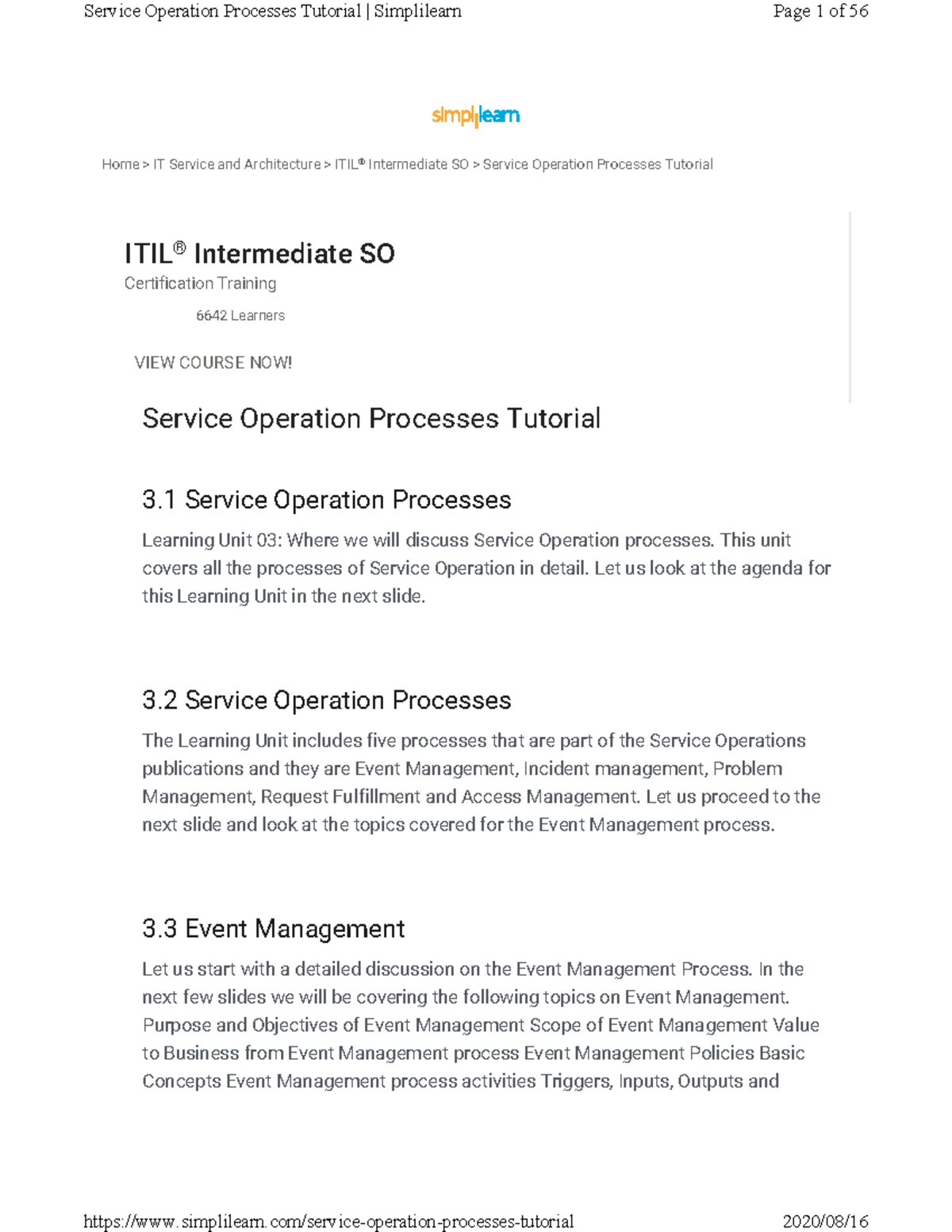 Service Operation Process Tutorial - This unit covers all the processes ...