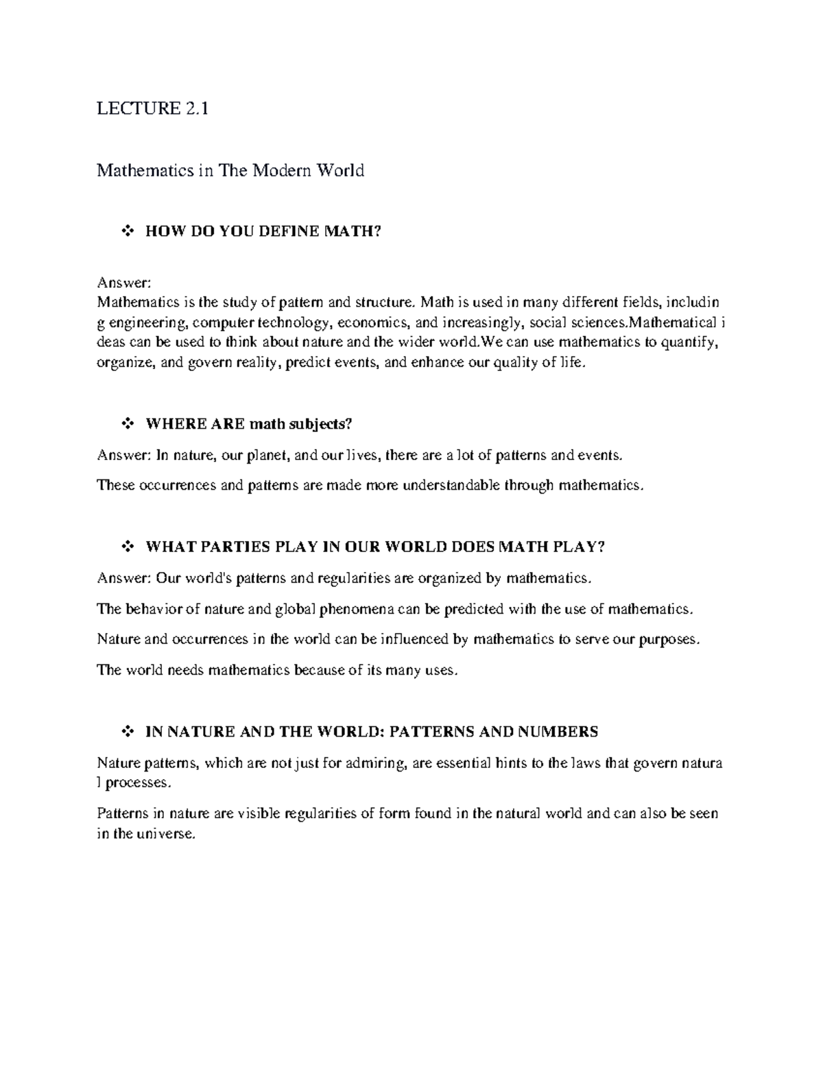 Lecture 2 - Mathematics in the Modern World - LECTURE 2. Mathematics in ...