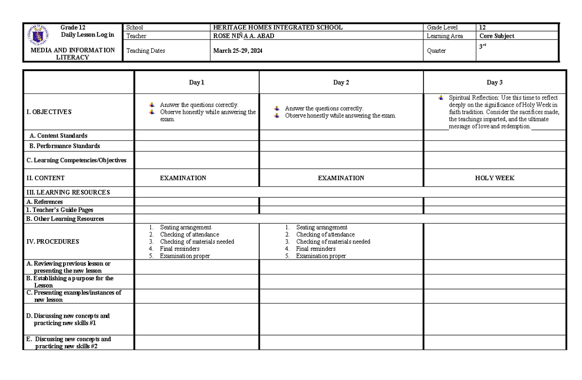 MIL March 25 29 EXAM - DLL - Grade 12 Daily Lesson Log in MEDIA AND ...