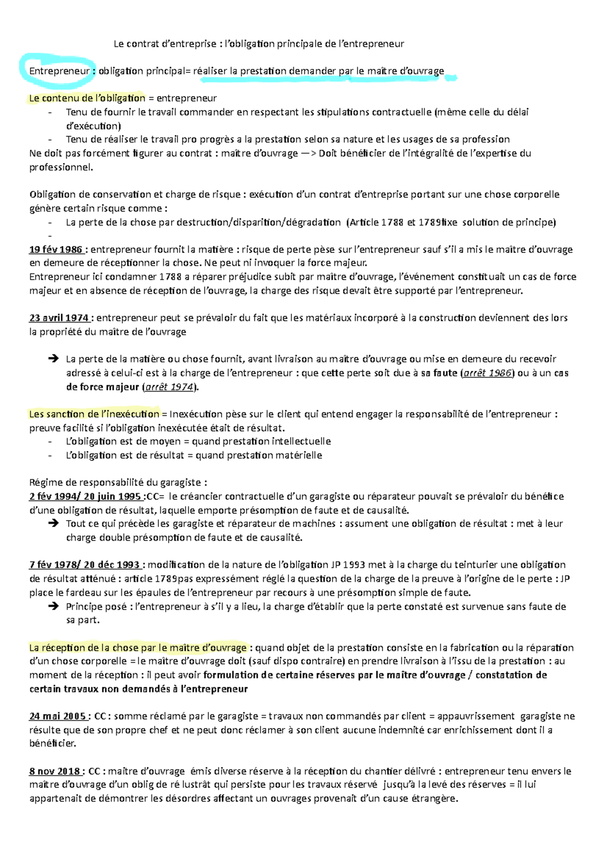 Fiche contrat entreprise - Le contrat d’entreprise : l’obligation ...