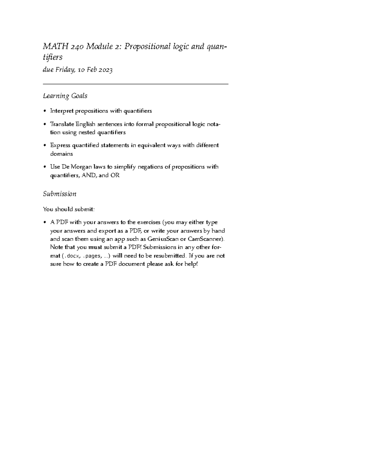 02-quantifiers - MATH 240 Module 2 : Propositional logic and quan ...