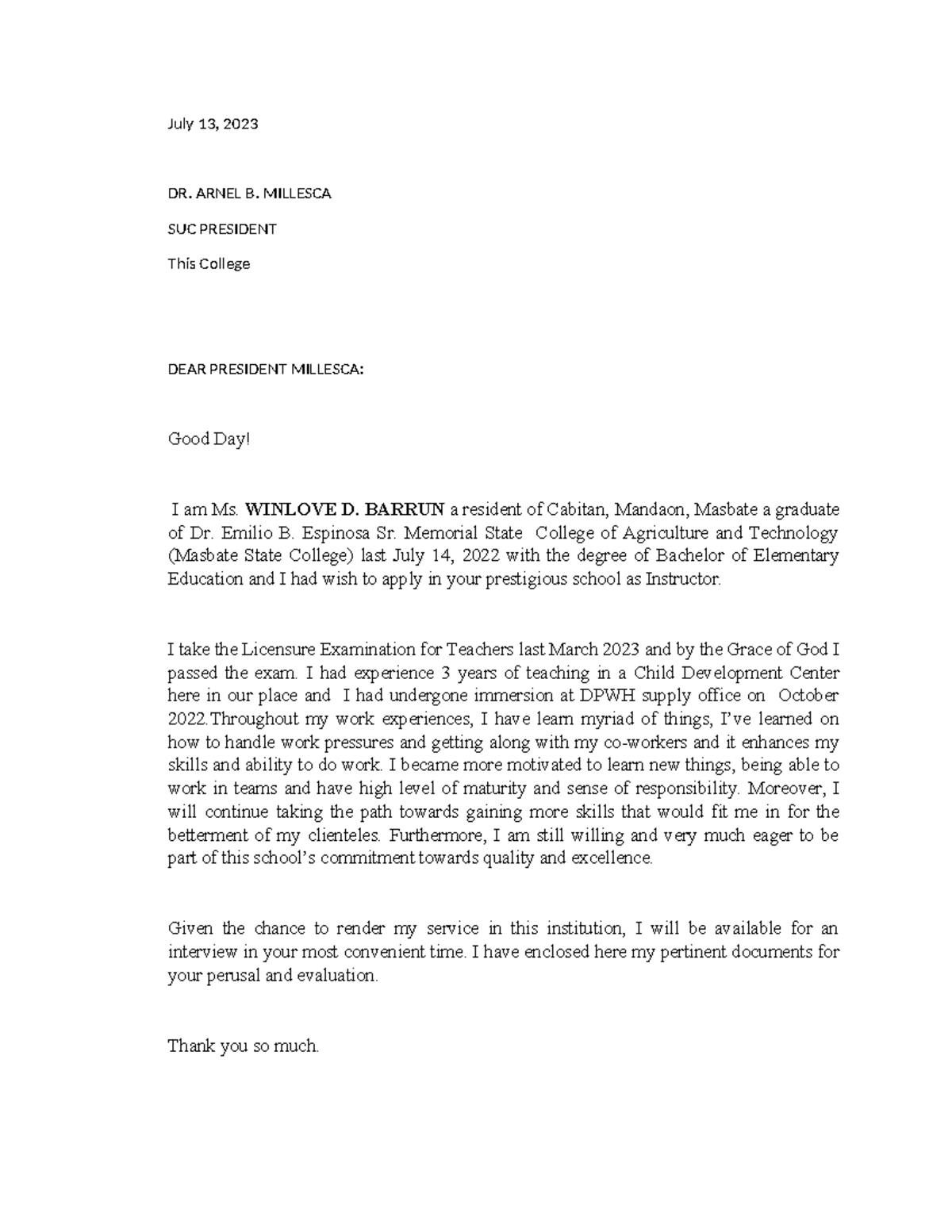 Application Letter - July 13, 2023 DR. ARNEL B. MILLESCA SUC PRESIDENT ...