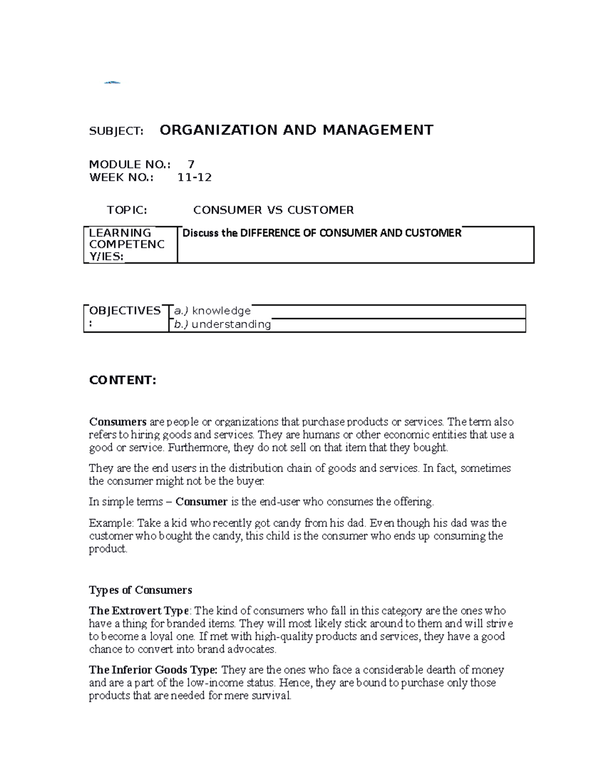 Module 3 Consumer vs Customer - SUBJECT: ORGANIZATION AND MANAGEMENT ...