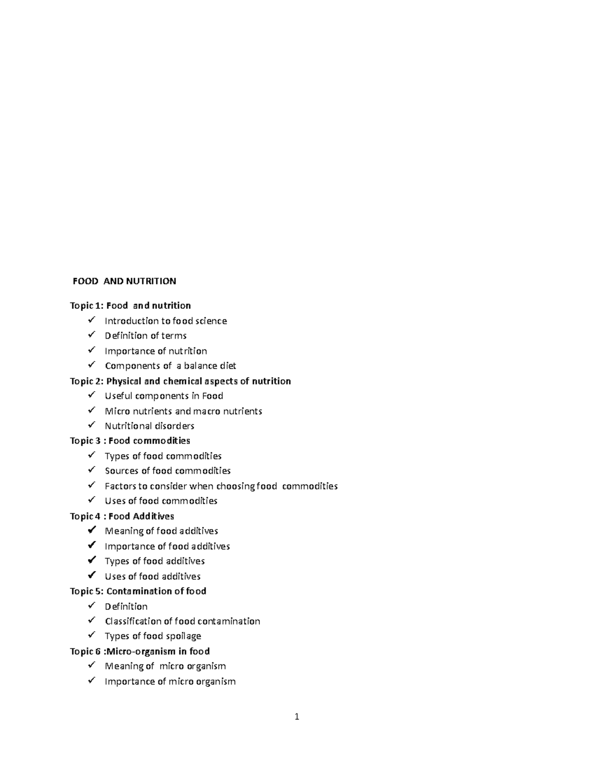 FSN Notes Updated - FOOD AND NUTRITION Topic 1: Food and nutrition ...