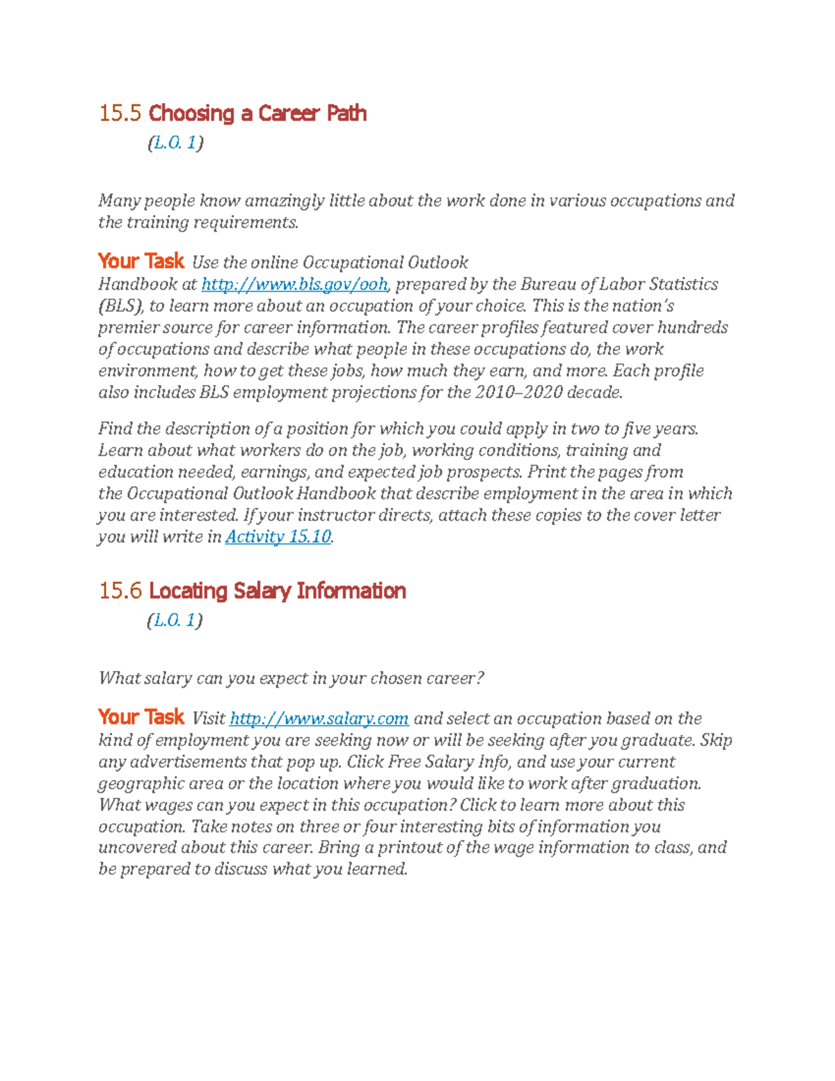 chapter 15 assignment help - 15 Choosing a Career Path (L. 1) Many ...
