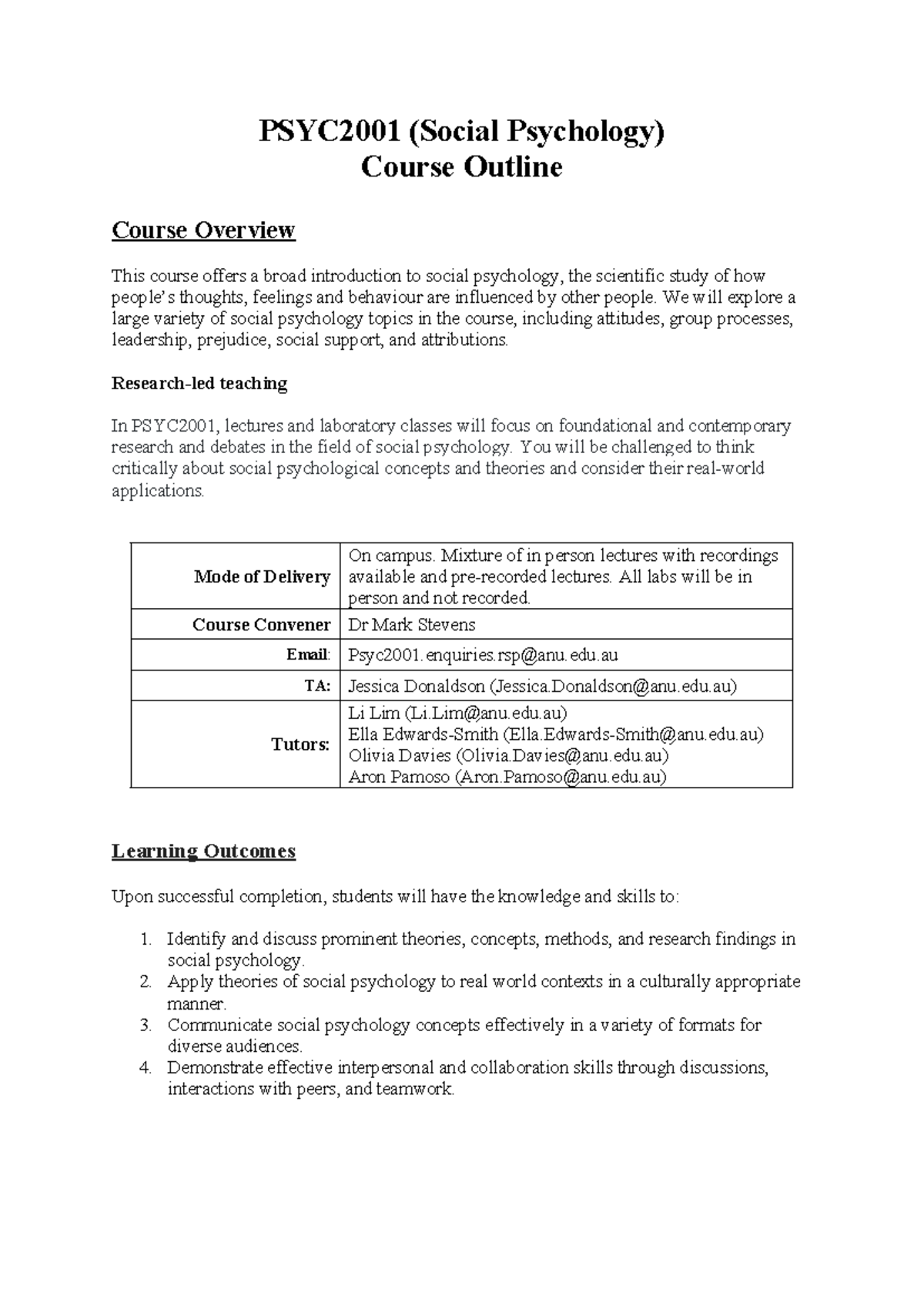 Course outline PSYC2001 2024 - PSYC2001 (Social Psychology) Course Outline Course Overview This ...