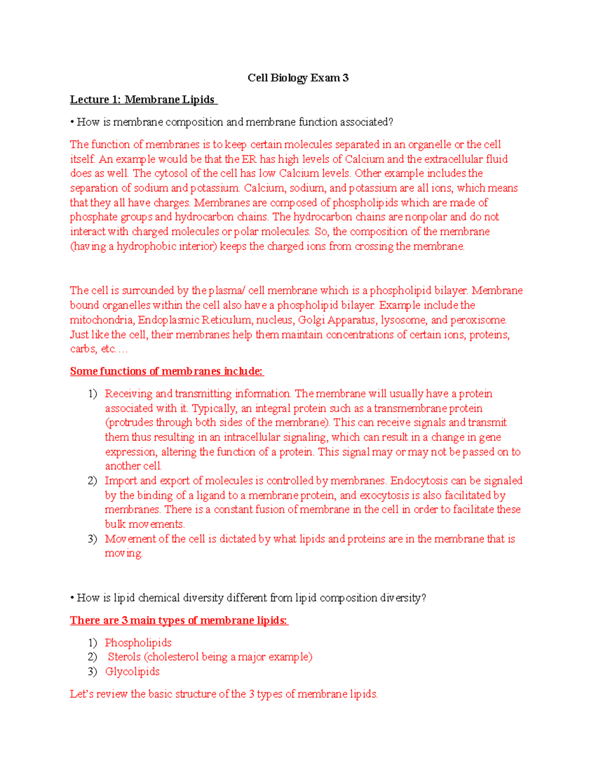 CELL BIO EXAM 3 Review - Cell Biology Exam 3 Lecture 1: Membrane Lipids ...